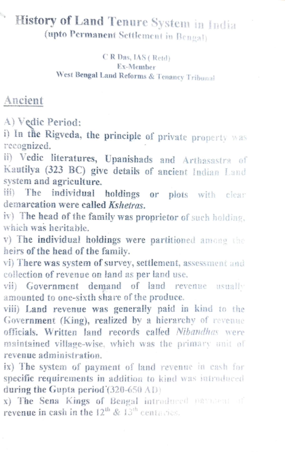 Unit 1 (Land Law) - Unit 1 of Land Laws- study material - · History of ...