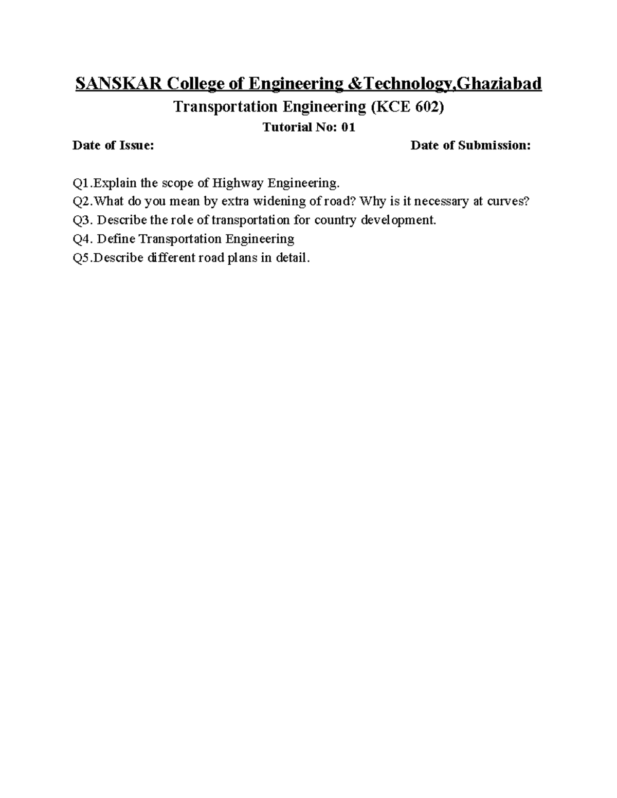 Tutorial sheet - 1 - Basics of Civil engineering - SANSKAR College of ...