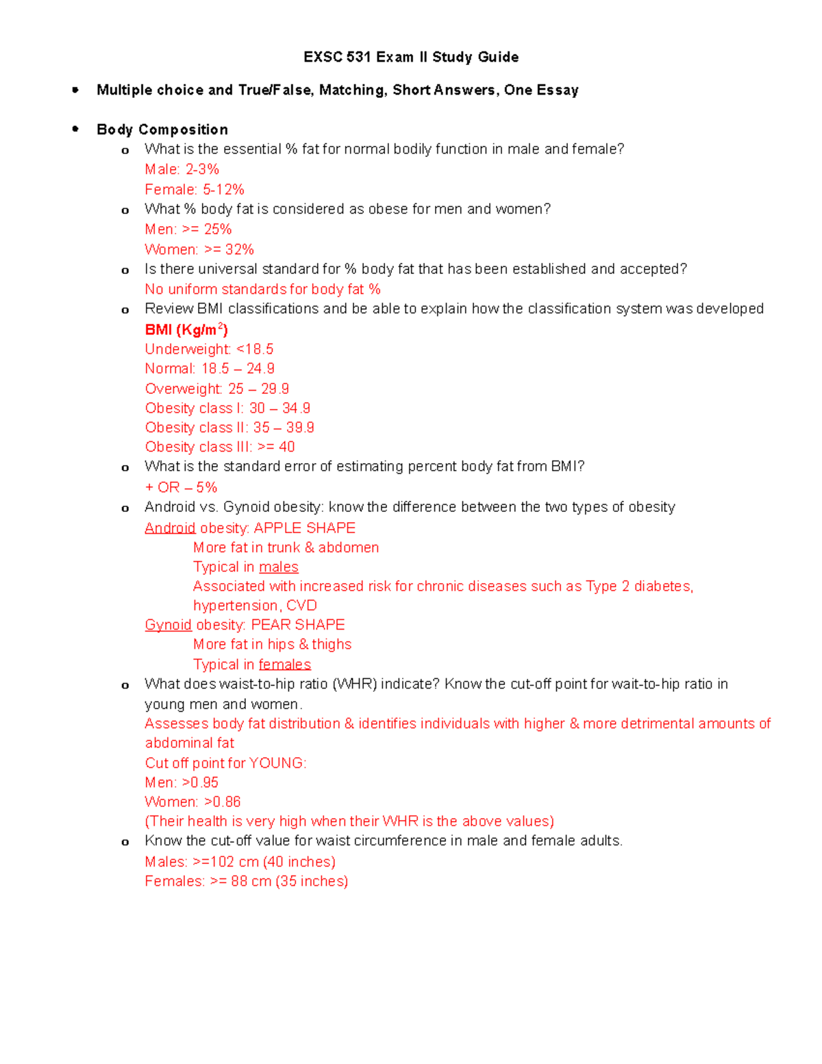 Exam 2 Study Guide - EXSC 531 Exam II Study Guide Multiple choice and ...