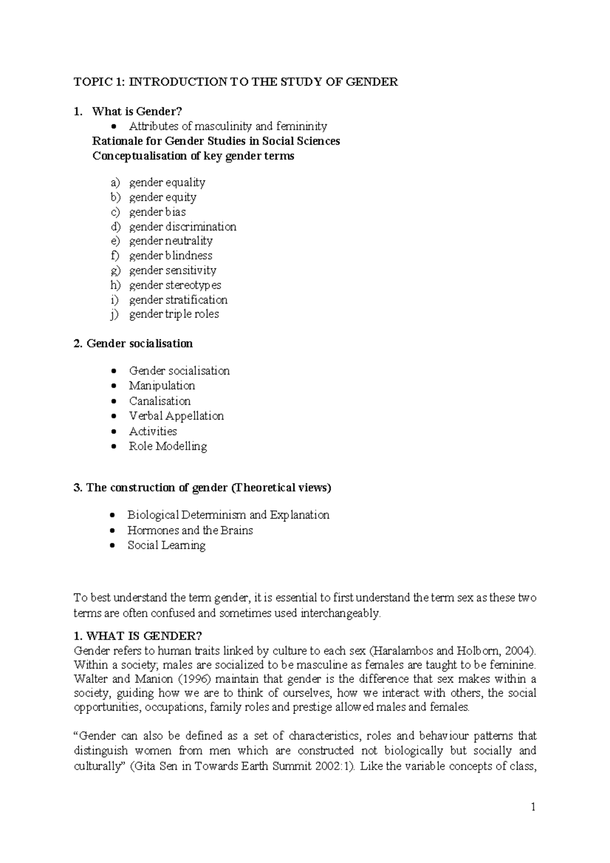 Gender Studies Lecture 1 TOPIC 1 INTRODUCTION TO THE STUDY OF GENDER