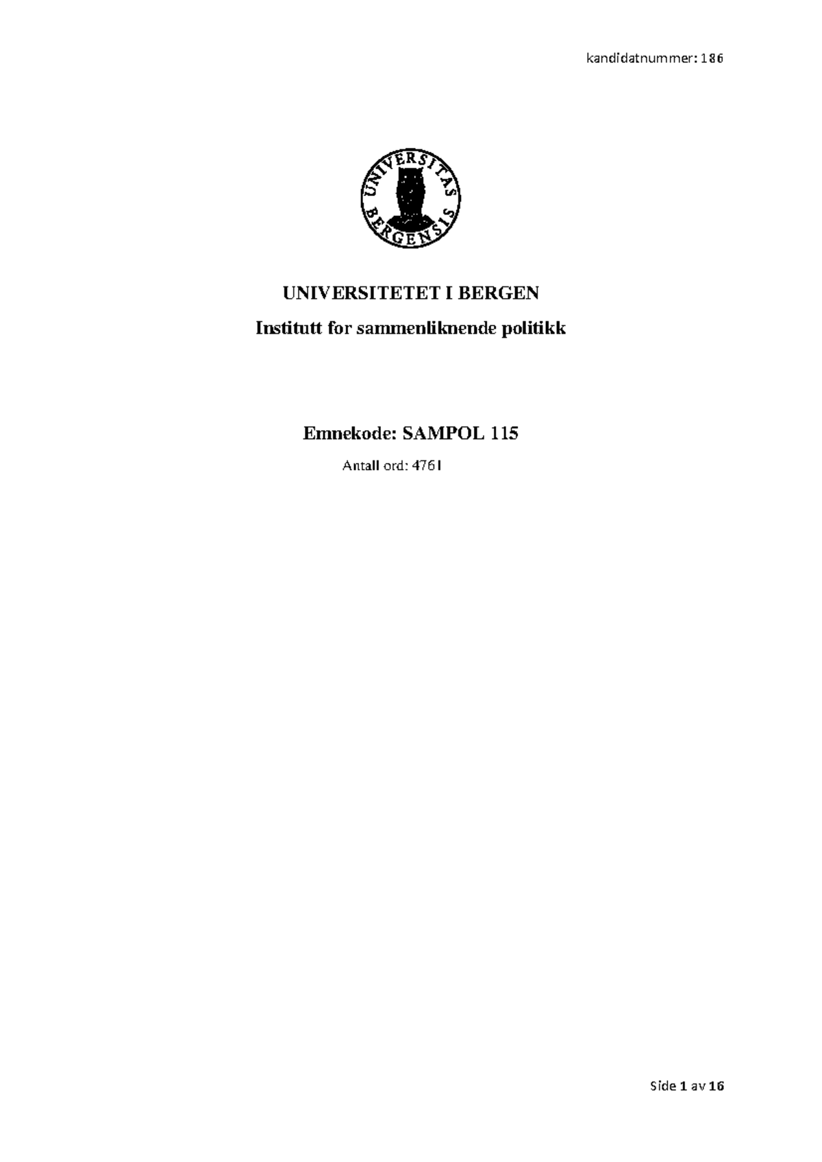 Eksamen 115 - UNIVERSITETET I BERGEN Institutt for sammenliknende ...