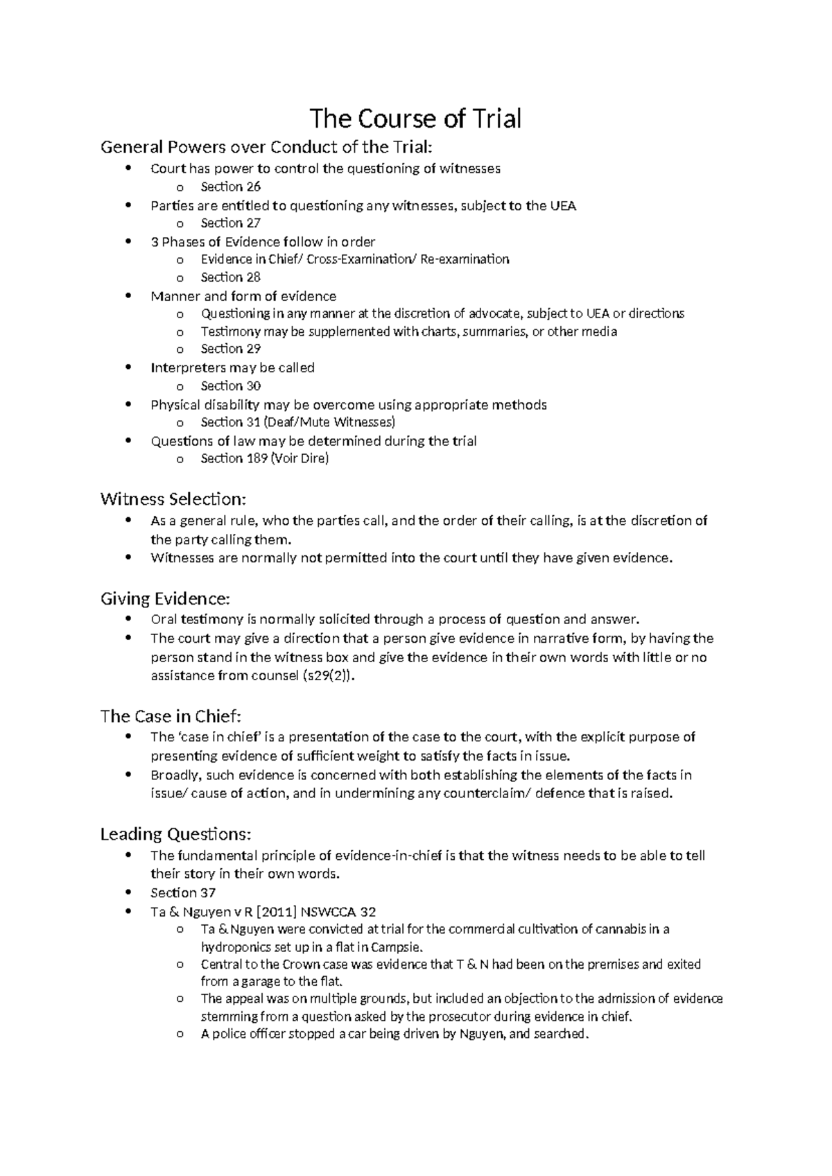 Summary Notes - The Course of Trial - The Course of Trial General ...