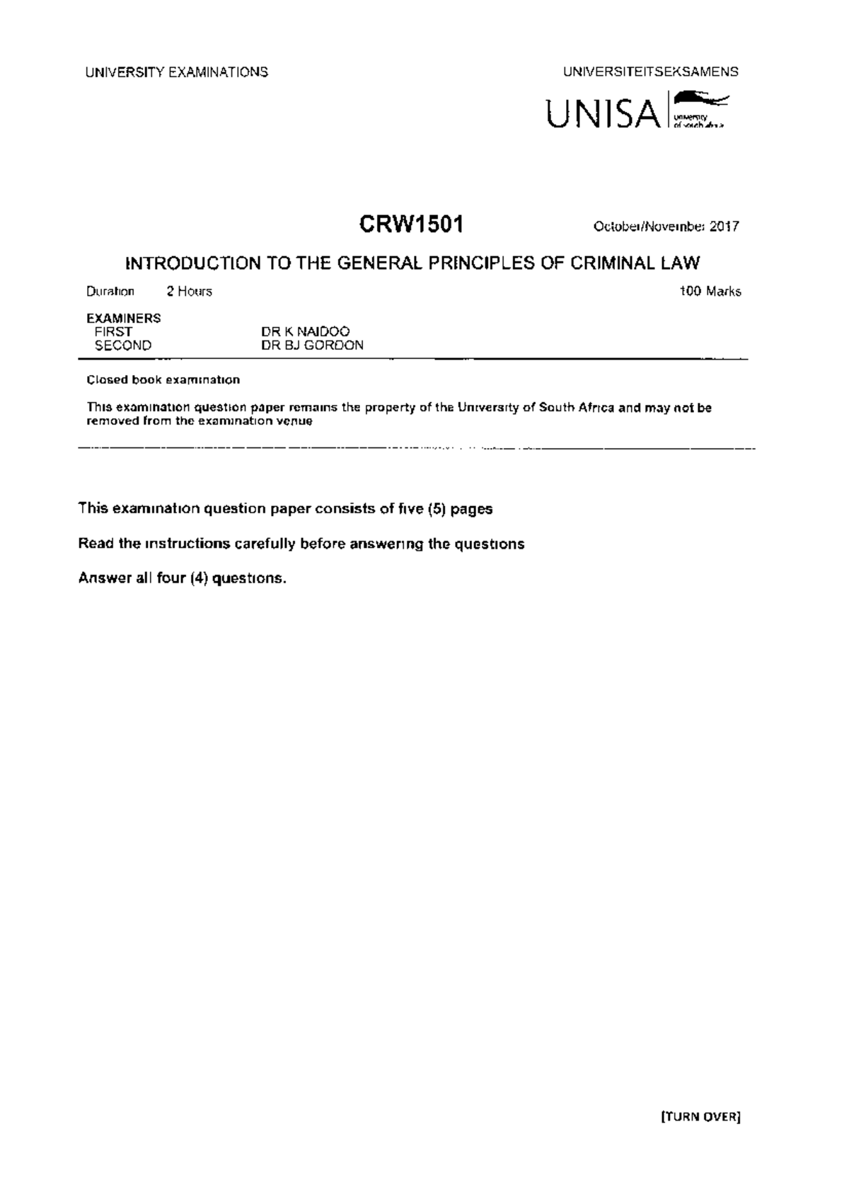 Exam 22 May 2017, questions - CRW1501 - Studocu