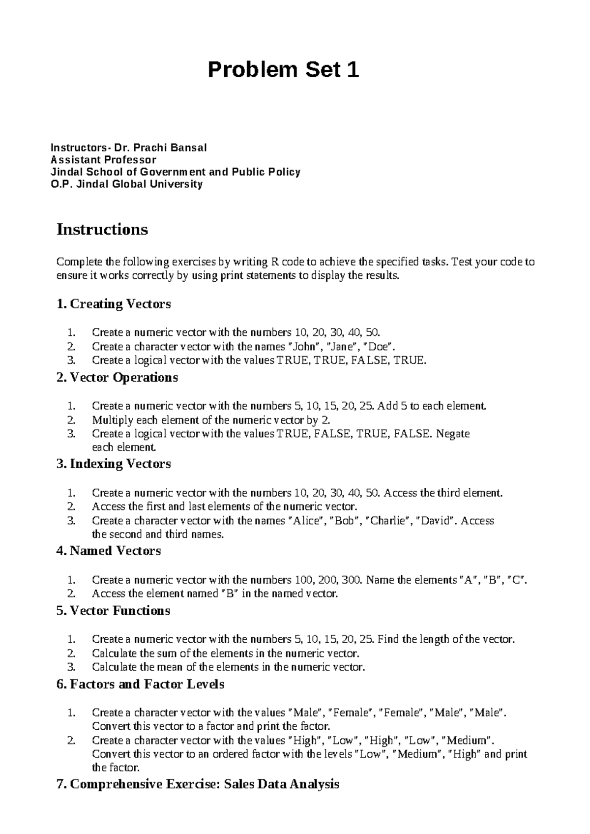 Problemset 1 Analysis Using R Problem Set 1 Instructors Dr Prachi Bansal Assistant