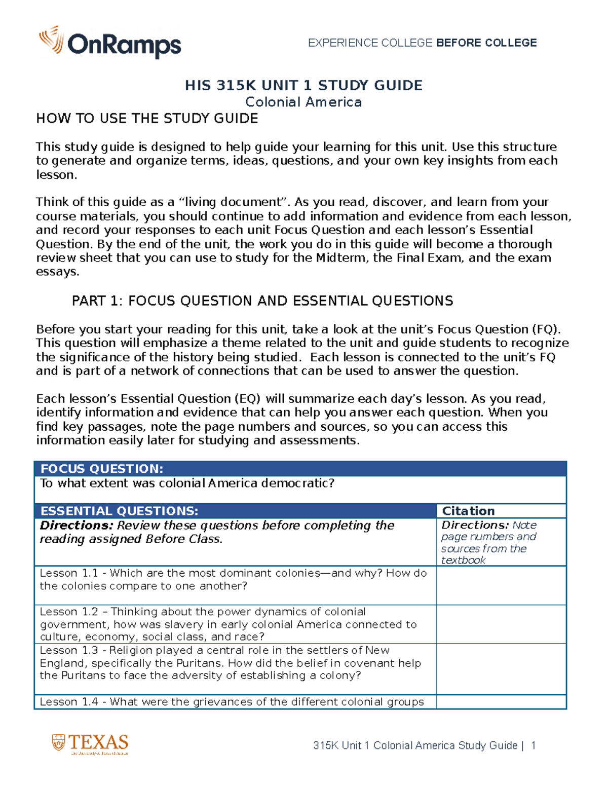 SG HIS 315K U1 Student Version - HIS 315K UNIT 1 STUDY GUIDE Colonial ...