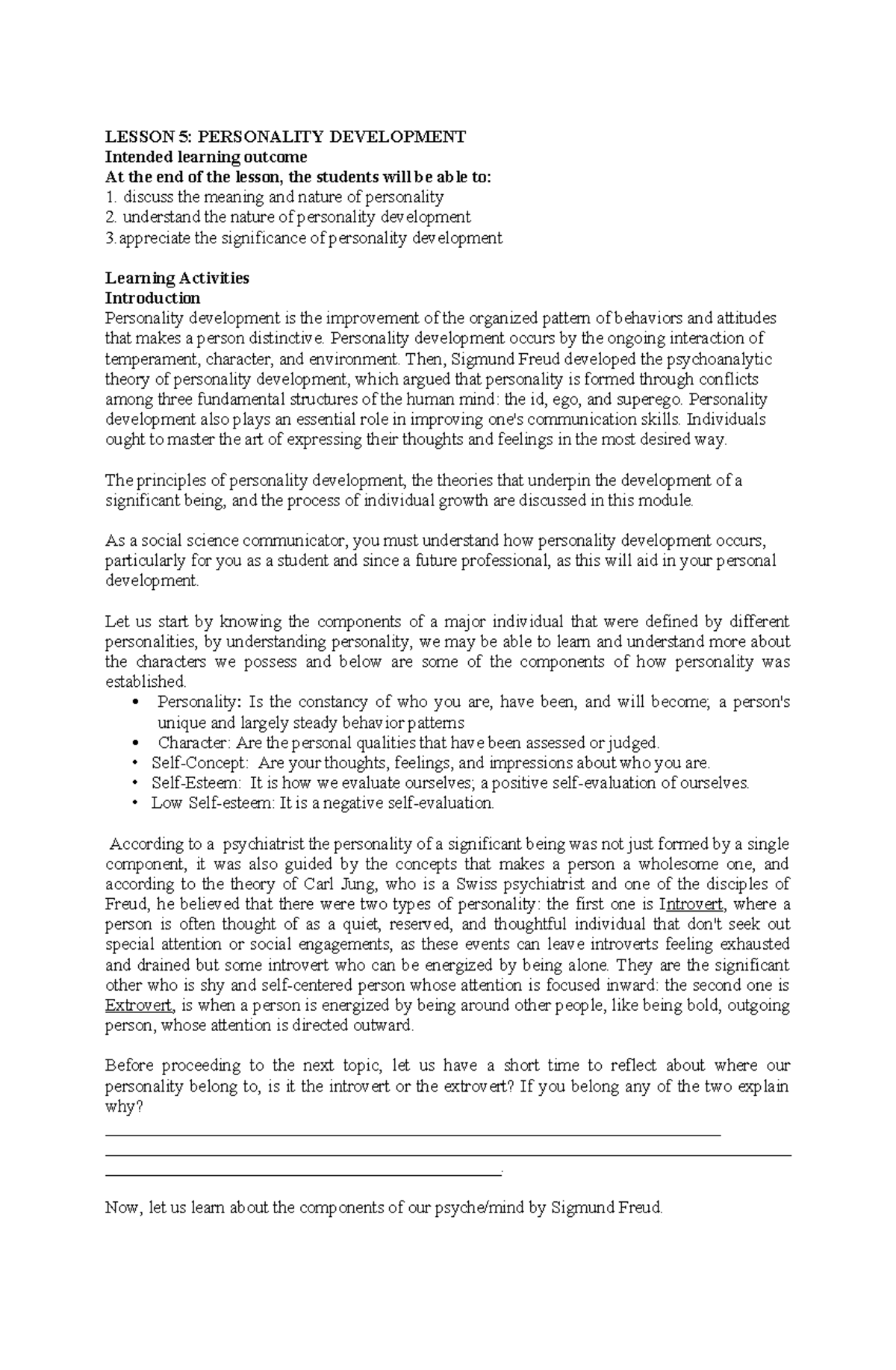 Midterm- Module - Lesson 1 - LESSON 5: PERSONALITY DEVELOPMENT Intended ...