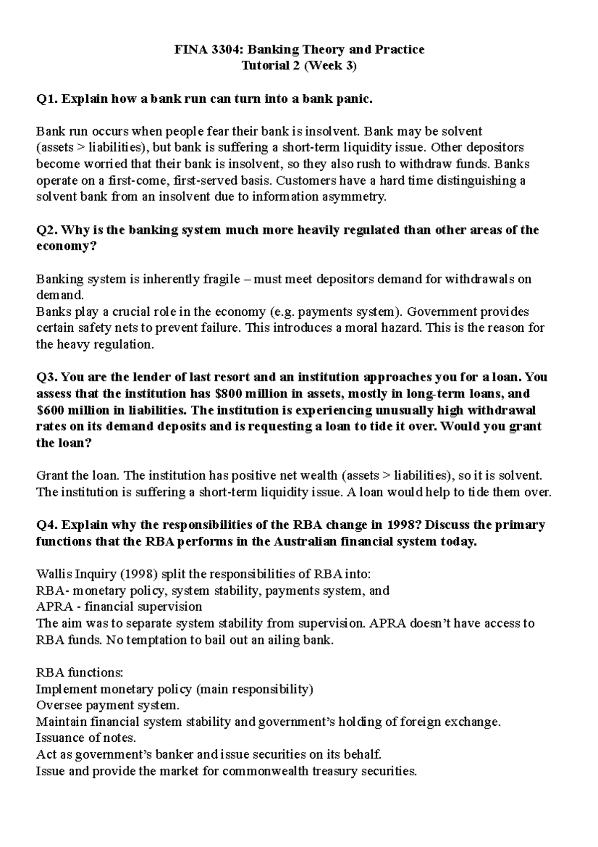 Tutorial 2 (Week 3) - week3 - FINA 3304: Banking Theory and Practice ...