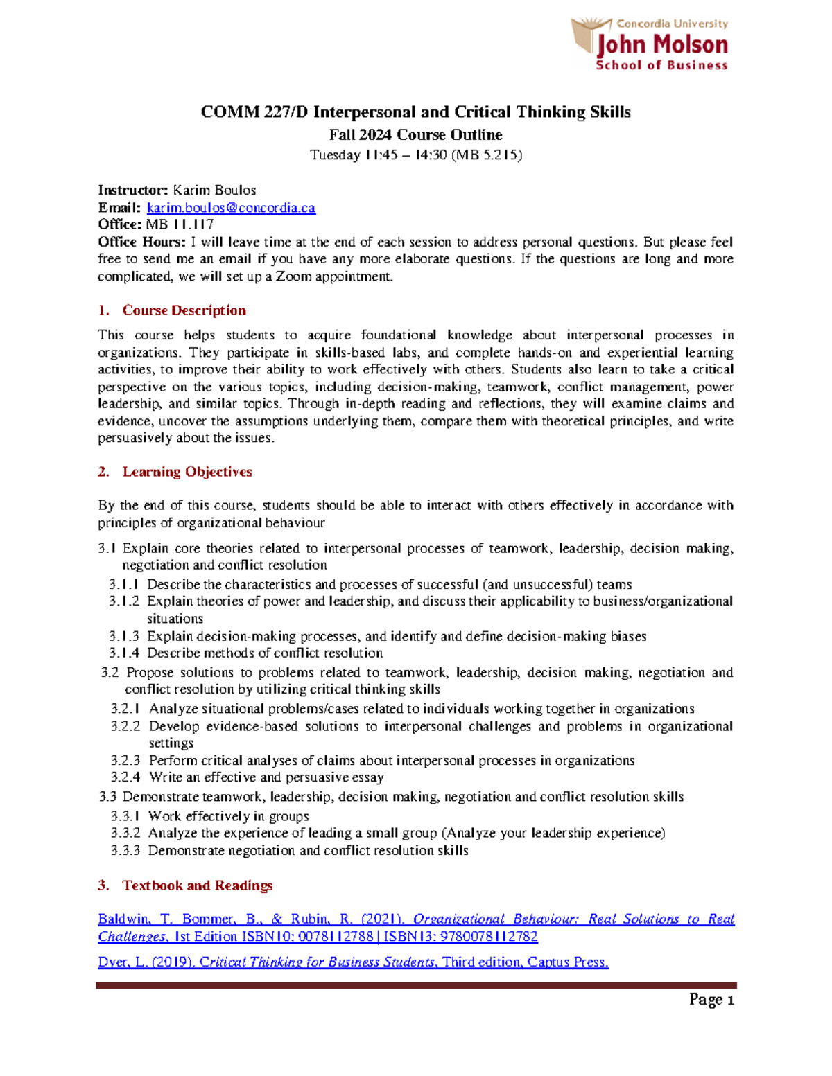 COMM 227 Course outline F2024 section D - COMM 2 2 7/D Interpersonal ...