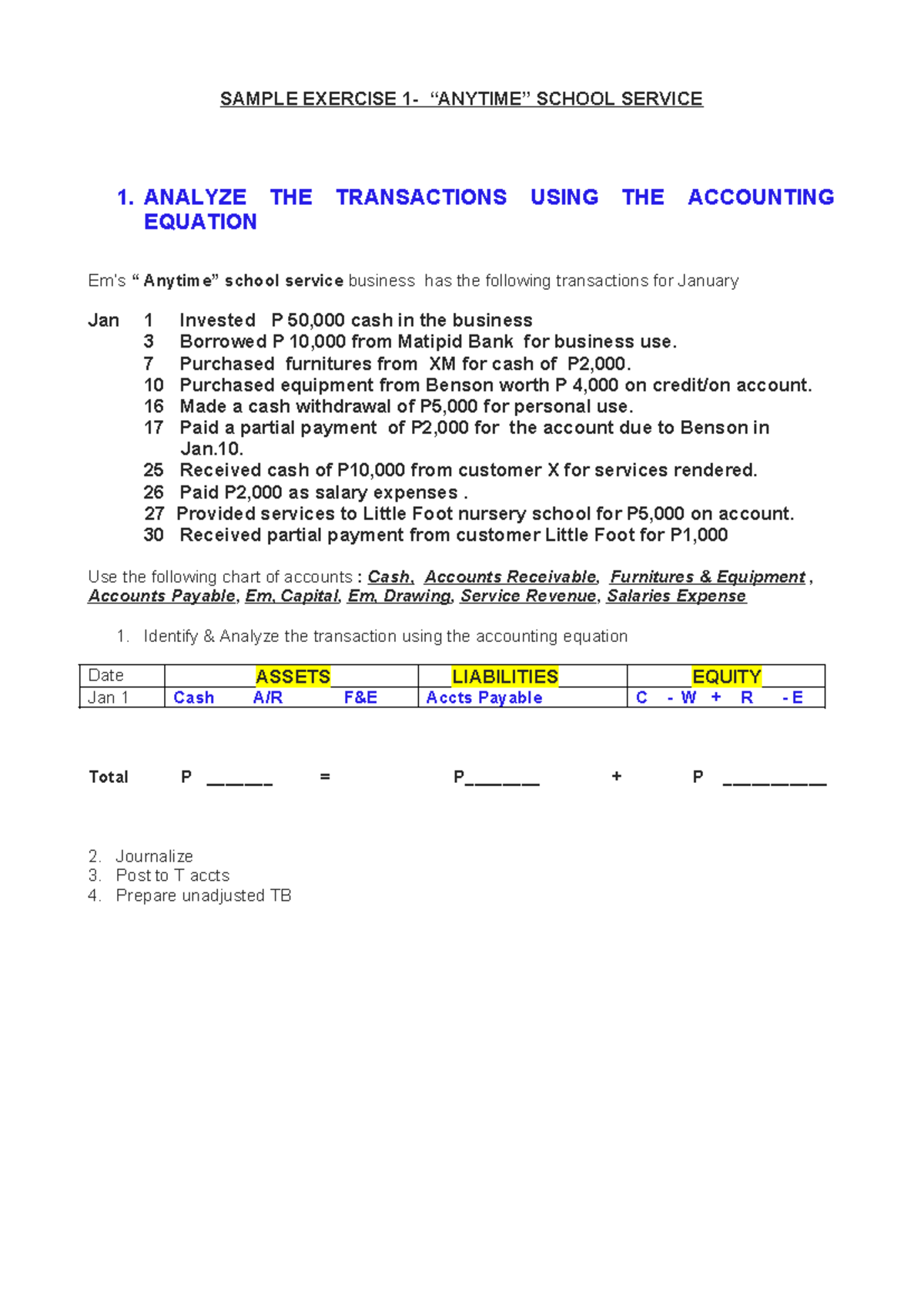 CH 1 & 2 Sample Exercise 1 Analysis OF Transactions Using Accounting Equation - SAMPLE EXERCISE ...