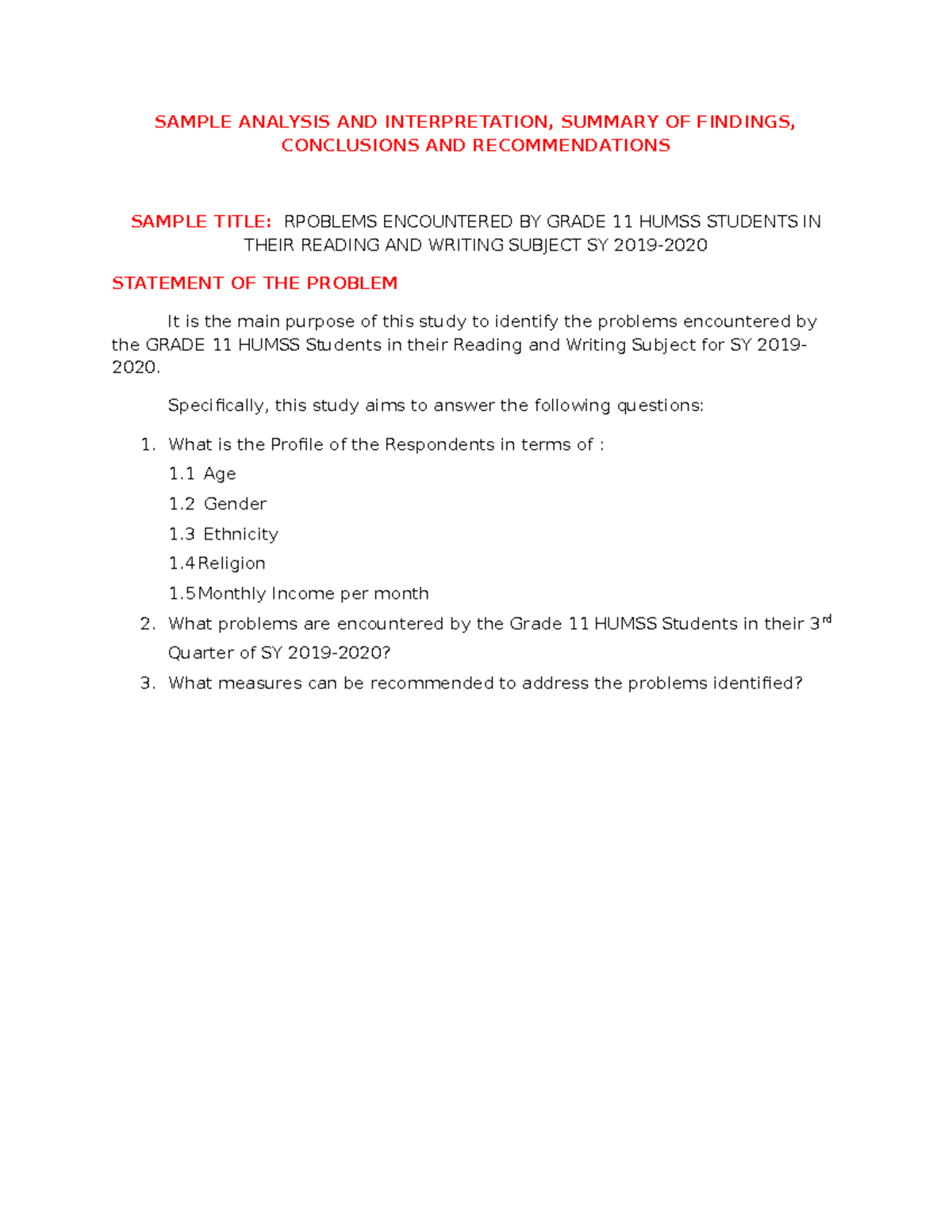 Sample Analysis AND Interpretation Summary Conclusions AND ...