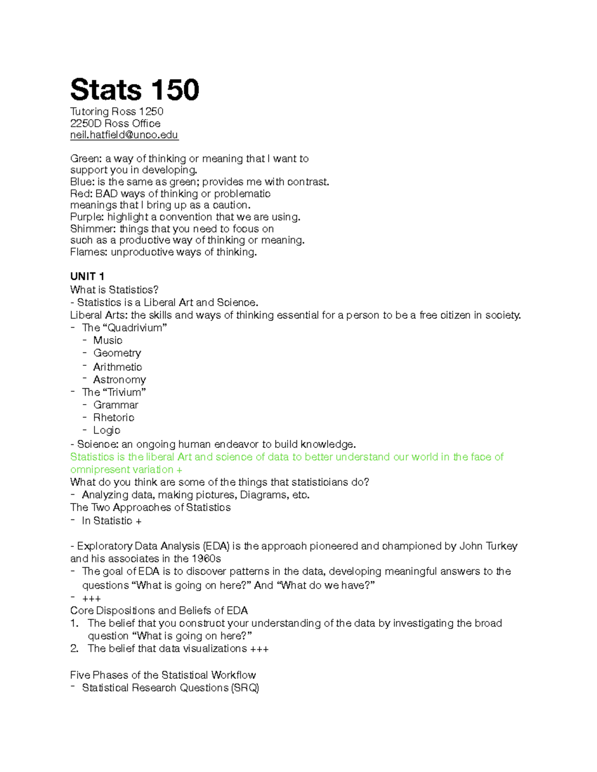 Stats - Lecture notes 1-current - Stats 150 Tutoring Ross 1250 2250D ...