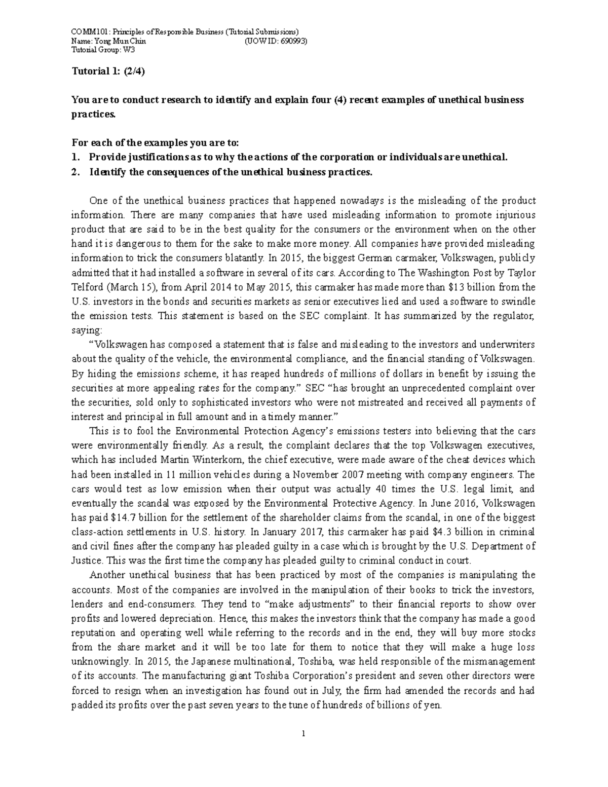 Tutorial 1 - COMM101 - Name: Yong Mun Chin (UOW ID: 690993) Tutorial ...