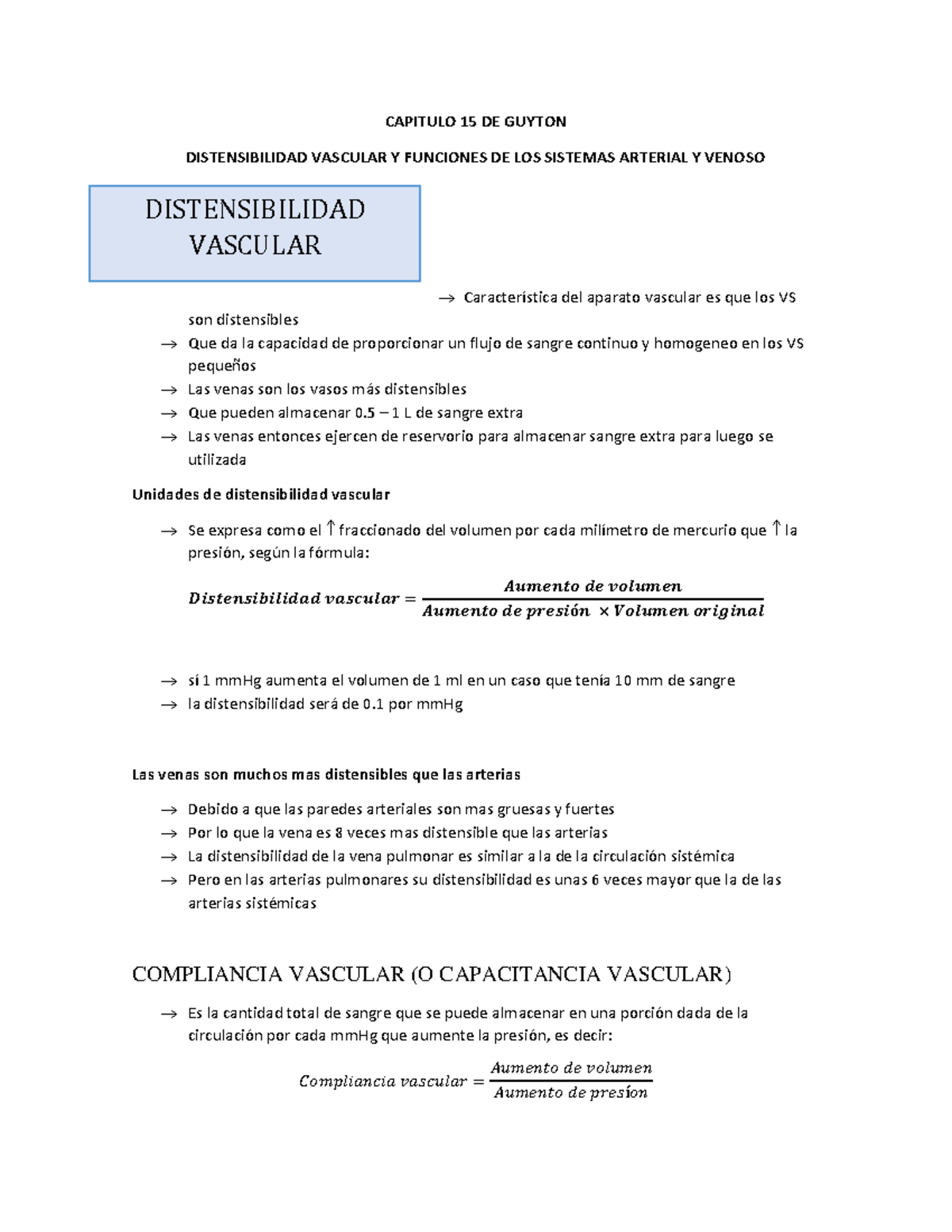 Resumen del Capitulo 15 de Fisiología de Guyton - CAPITULO 15 DE GUYTON DISTENSIBILIDAD VASCULAR ...