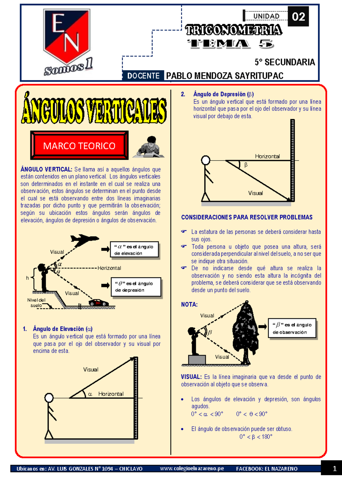 Trigonometria 5 SEC - TEMA 5 - ÁNGULO VERTICAL: Se llama así a aquellos ...