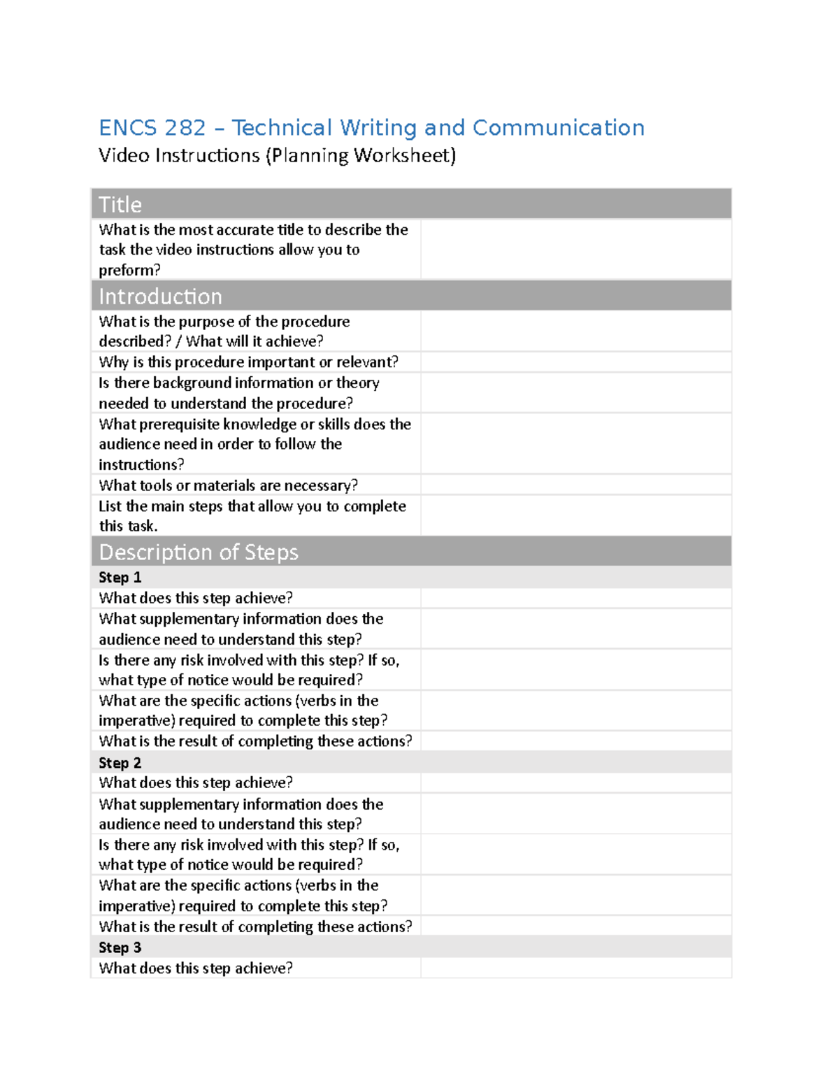 Video Instructions - Planning Worksheet - ENCS 282 – Technical Writing and Communication Video ...