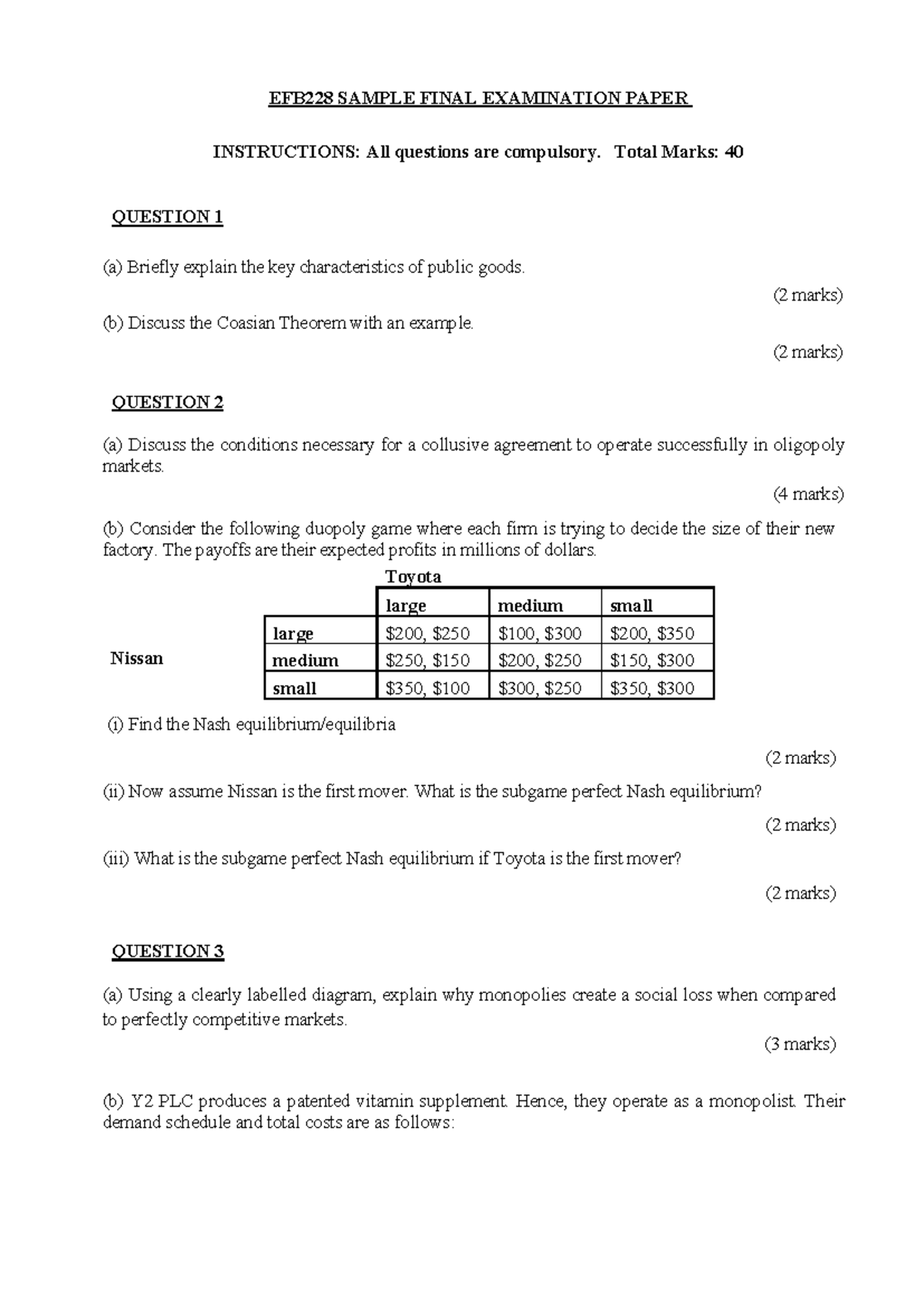 Sample Final Exam - EFB228 SAMPLE FINAL EXAMINATION PAPER INSTRUCTIONS ...