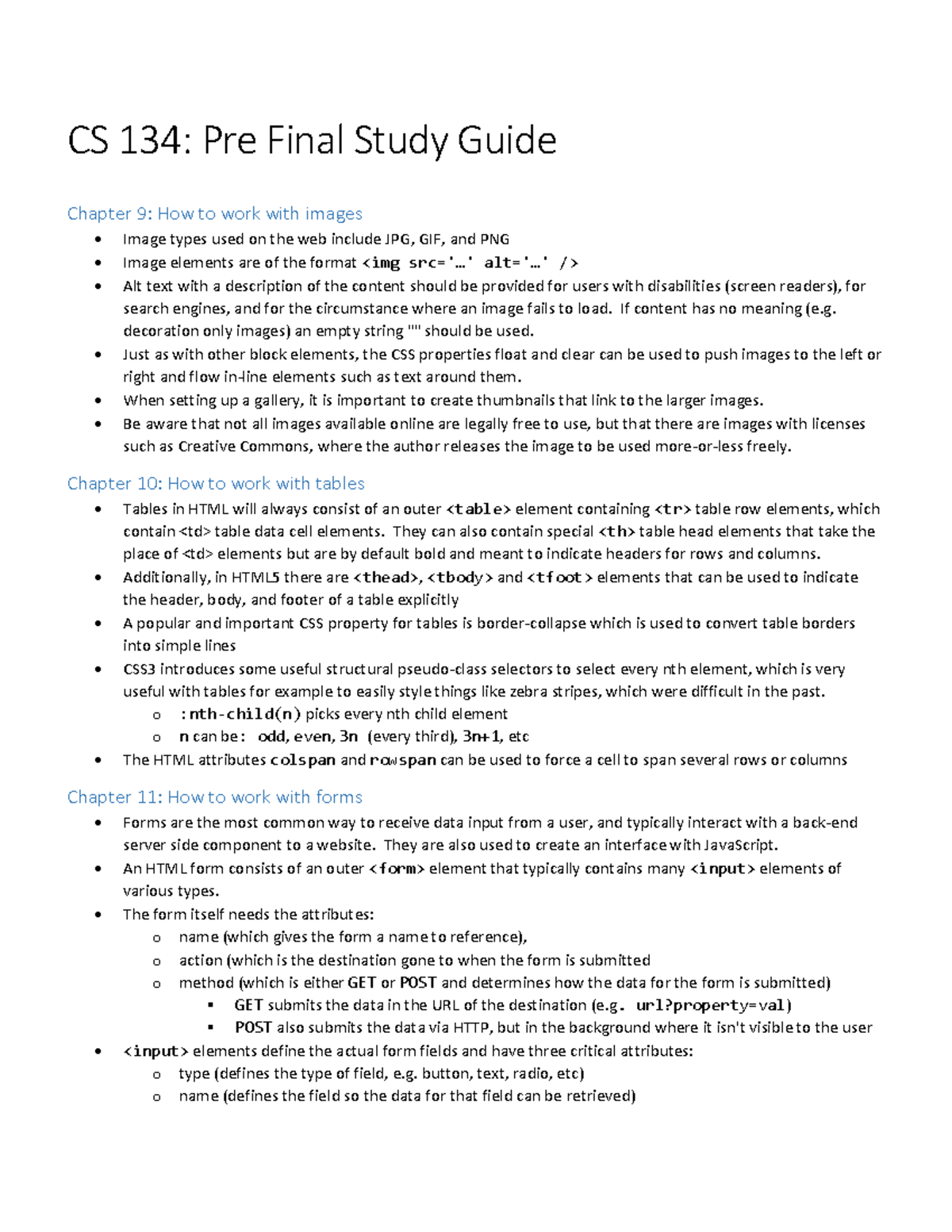 CS134 final study guide - CS 134: Pre Final Study Guide Chapter 9: How ...