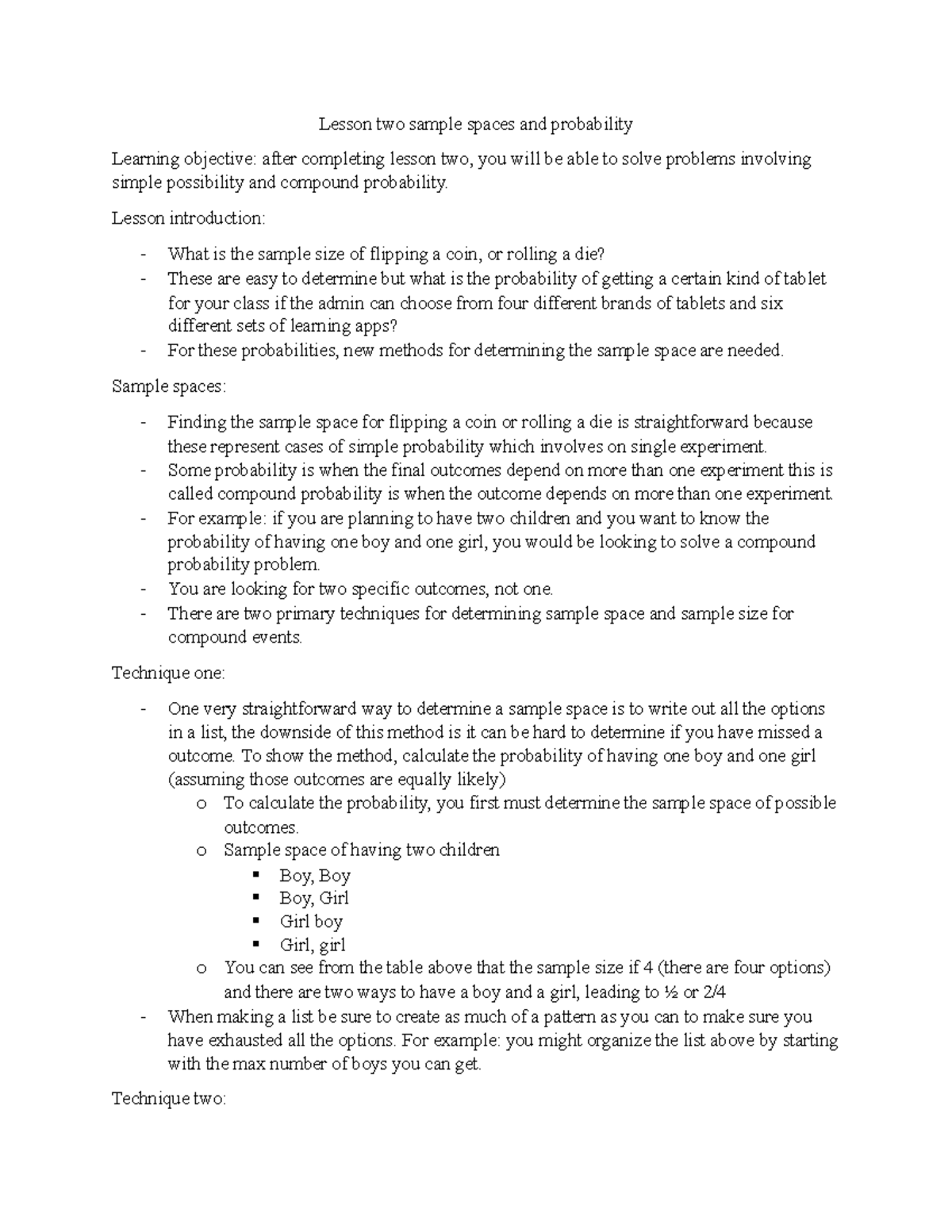 Lesson two sample spaces and probability - Lesson two sample spaces and ...