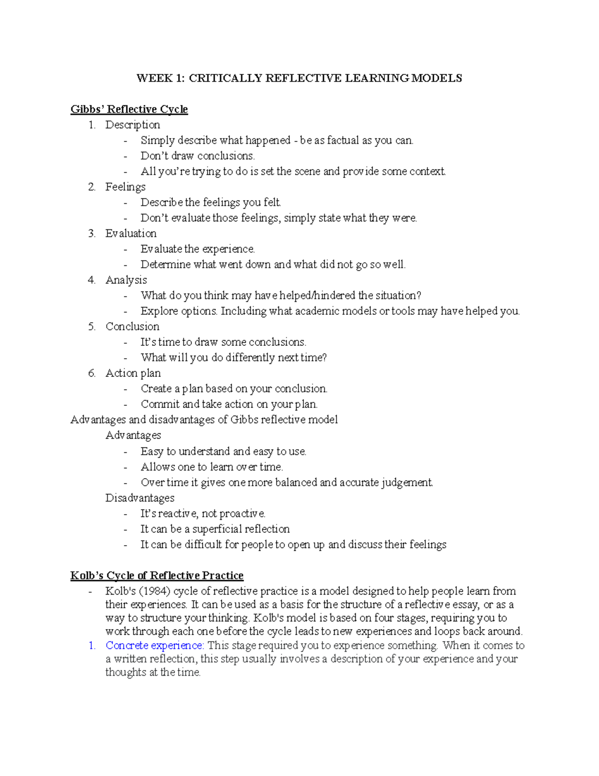 COU362 WEEK 1 Critically Reflective Learning Models Notes - WEEK 1 ...