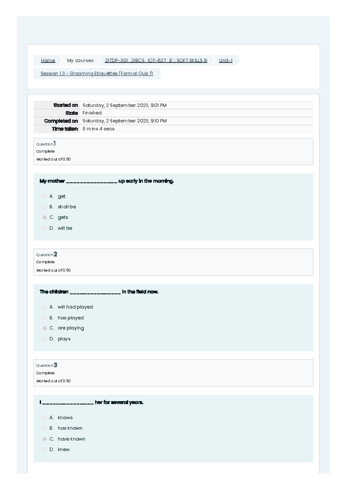Session 1.3 - Grooming Etiquettes (Formal Quiz 1) Attempt review - Home ...