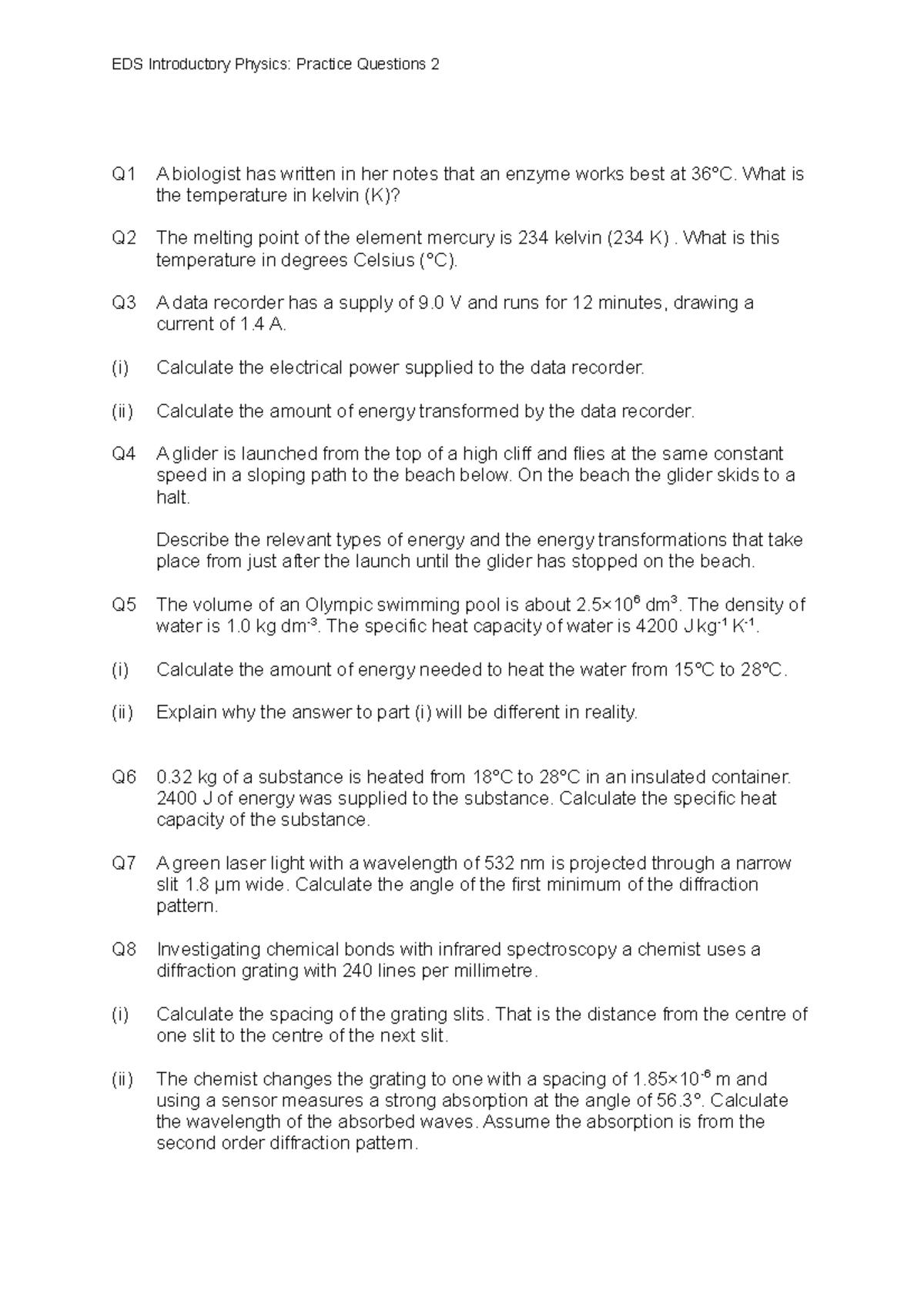 Revision - Introductory Physics Practice Questions 2 Only - EDS ...