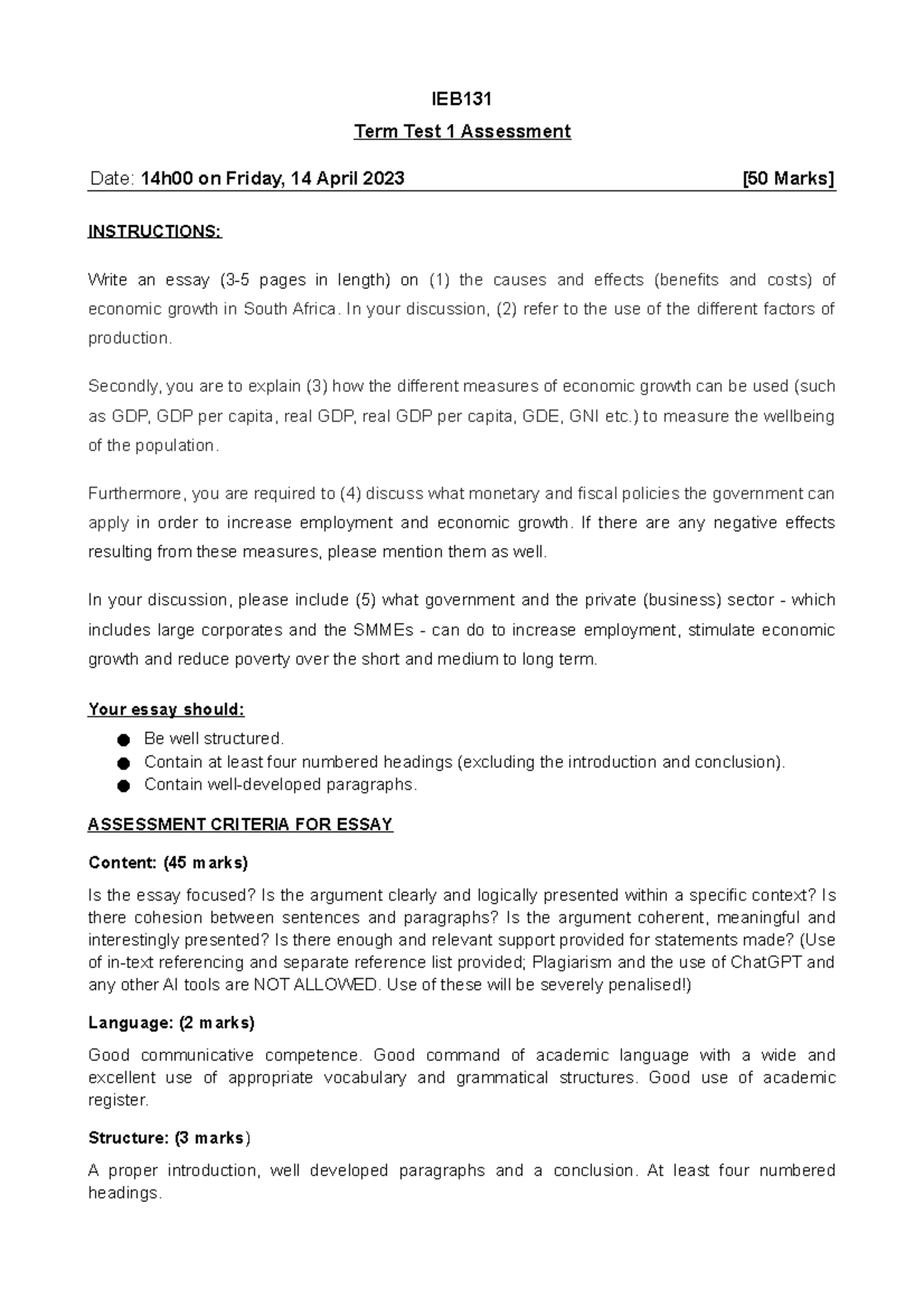 IEB131 Term work - IEB Term Test 1 Assessment Date: 14h00 on Friday, 14 ...