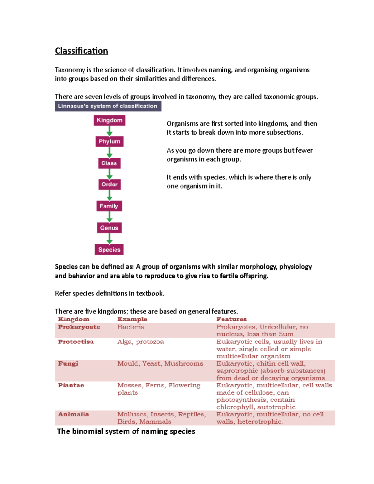 Classification - Alevels notes biology - Classification Taxonomy is the ...
