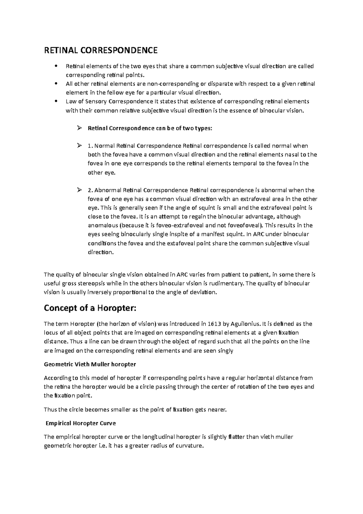 Retinal Correspondence - RETINAL CORRESPONDENCE Retinal elements of the ...
