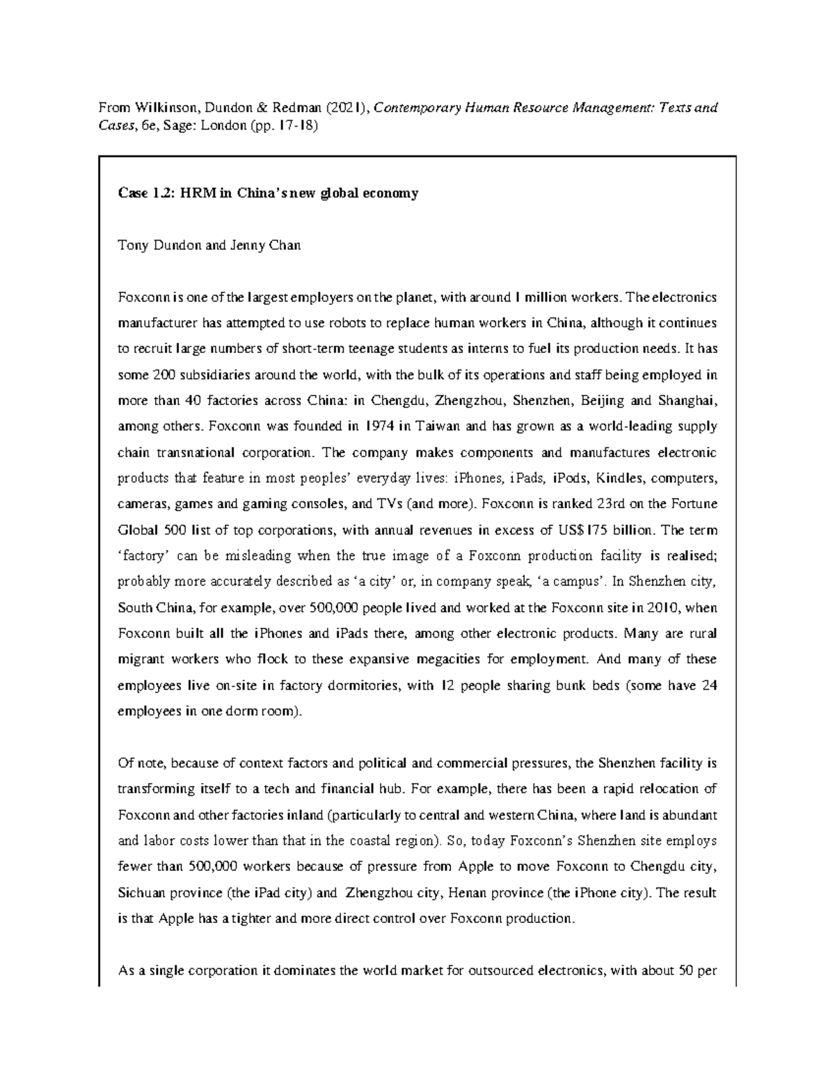 Tutorial 1 Foxconn Case Dundon Chan 2021 6e - From Wilkinson, Dundon ...