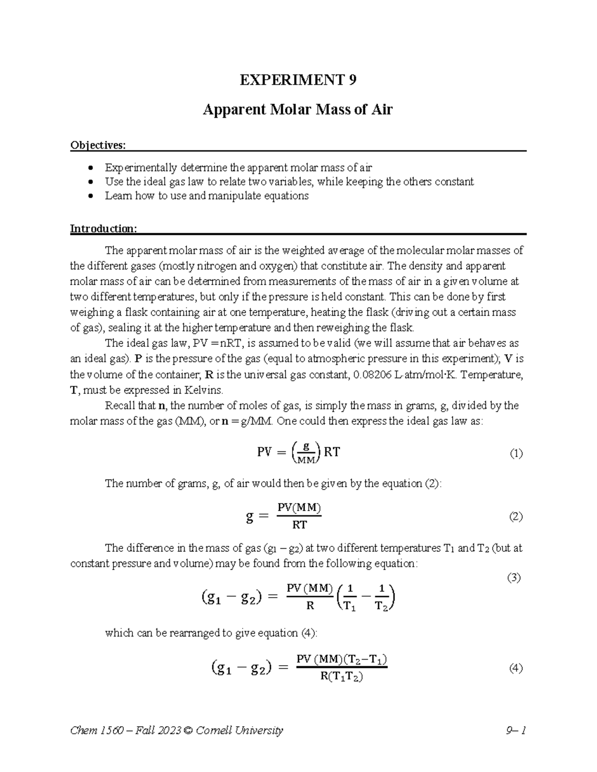 Expt 9 - Apparent Molar Mass of Air - 2023 - EXPERIMENT 9 Apparent ...