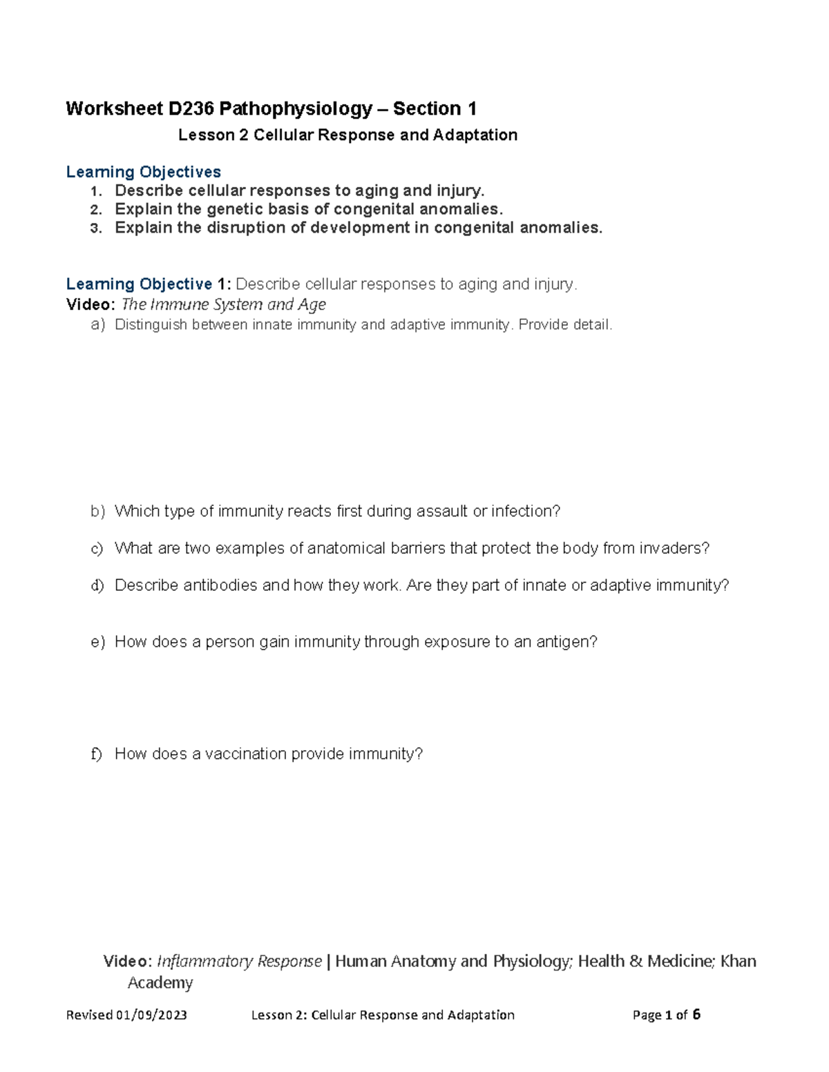 Lesson 2 Cellular Response and Adaptation - Worksheet D236 ...