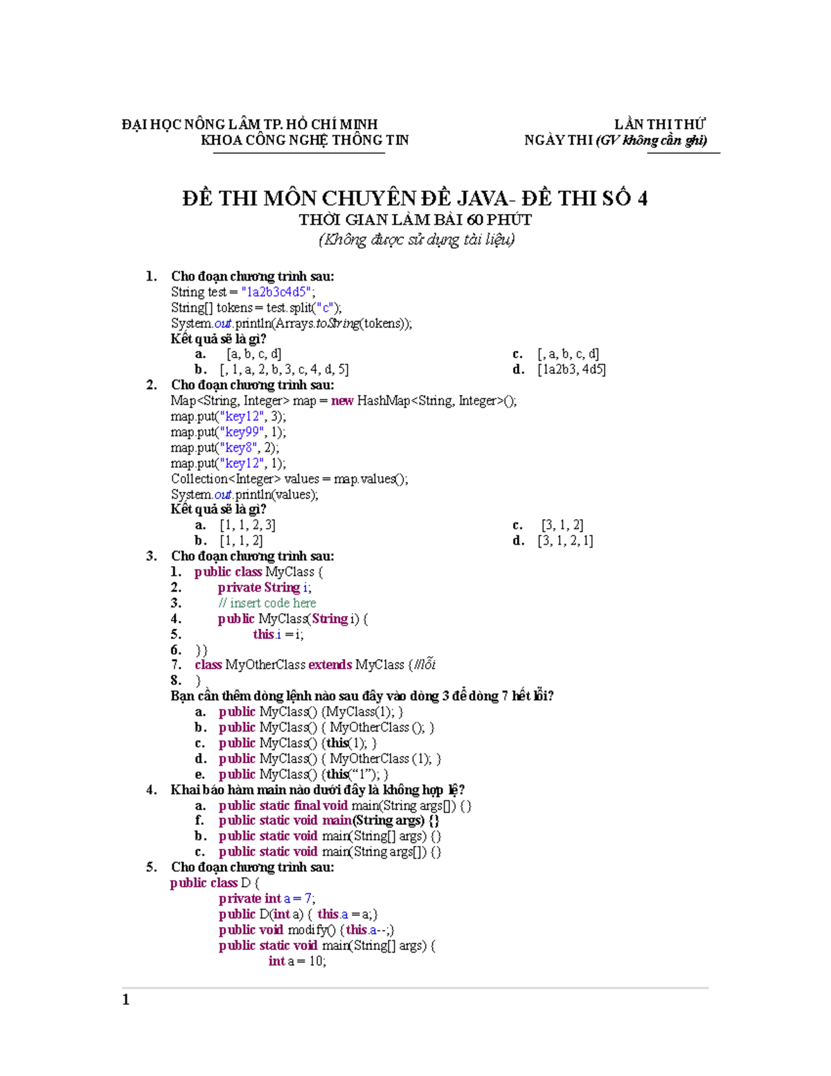 Dap an De4 Chuyen De Java CD06TH Lan2 khongdapan 1 - ĐẠI HỌC NÔNG LÂM ...