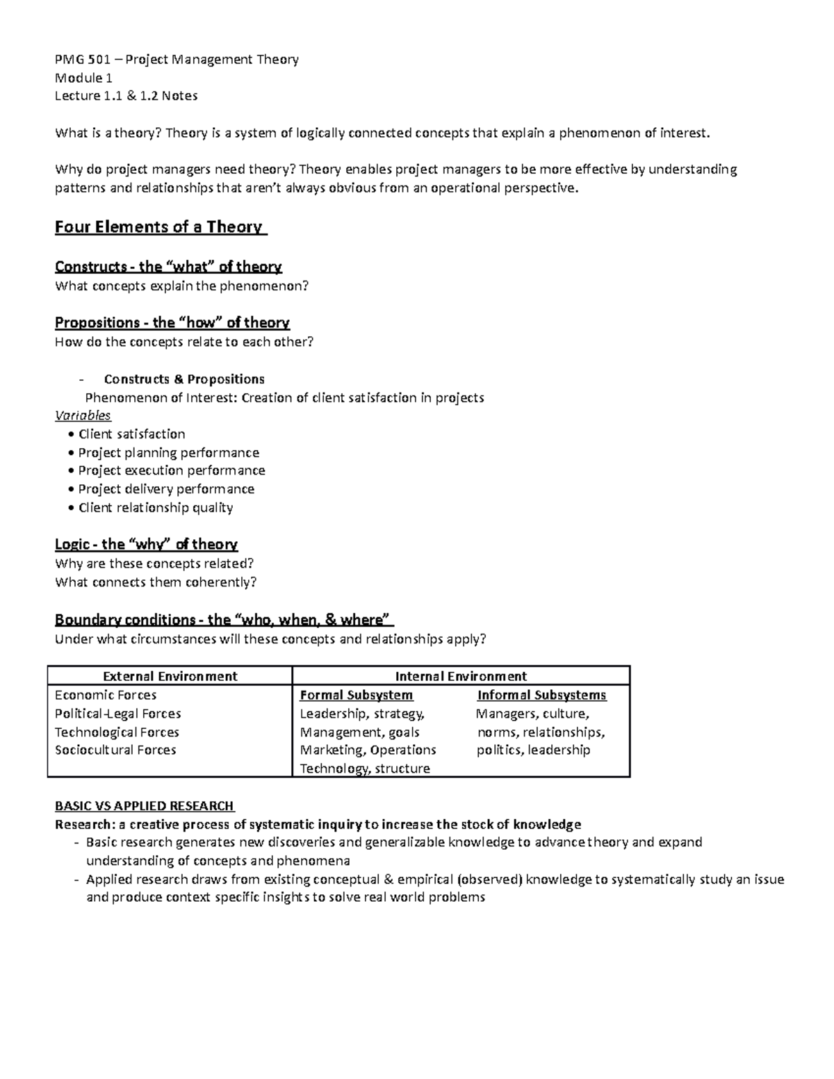 Lecture 1.1 notes - PMG 501 – Project Management Theory Module 1 ...