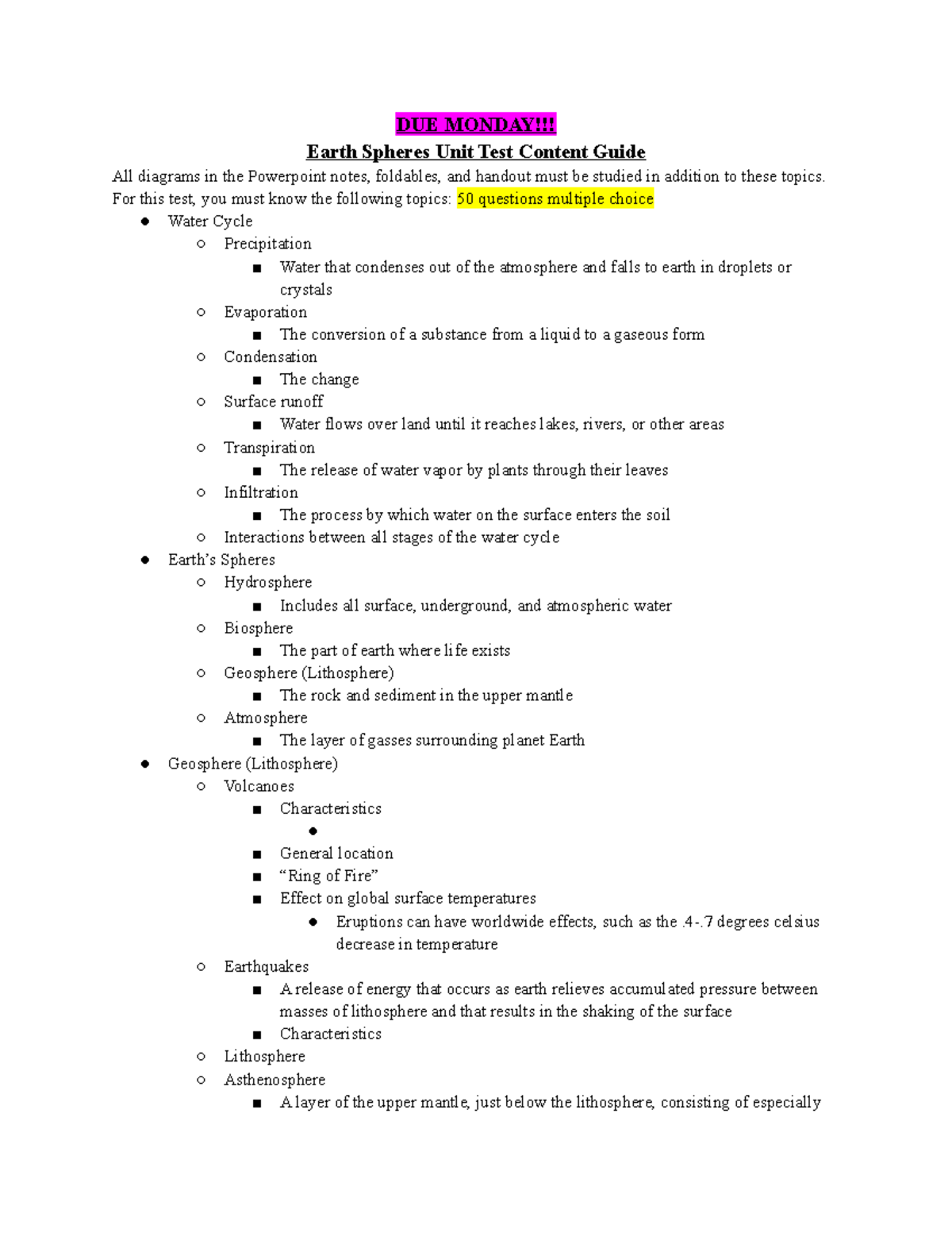 Earth Spheres Unit Test Content Guide (H) - DUE MONDAY!!! Earth Spheres ...