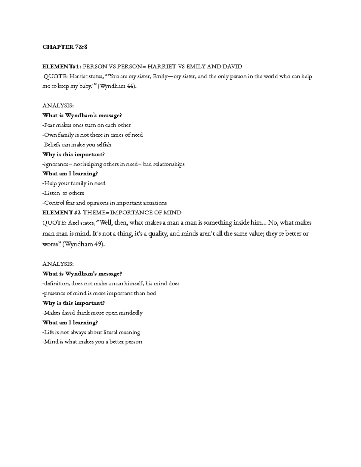 chapter 7-8 chrysalids notes - CHAPTER 7& ELEMENT#1: PERSON VS PERSON ...
