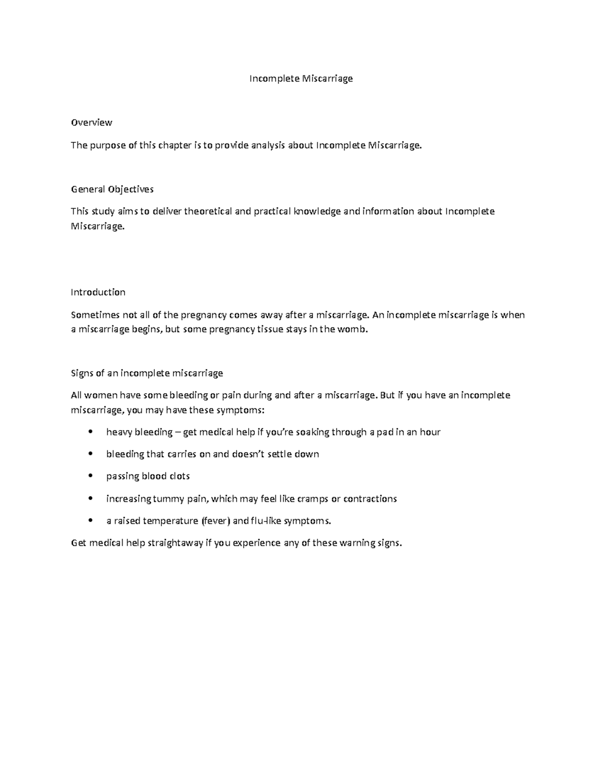 Duty study - welcome - Incomplete Miscarriage Overview The purpose of ...