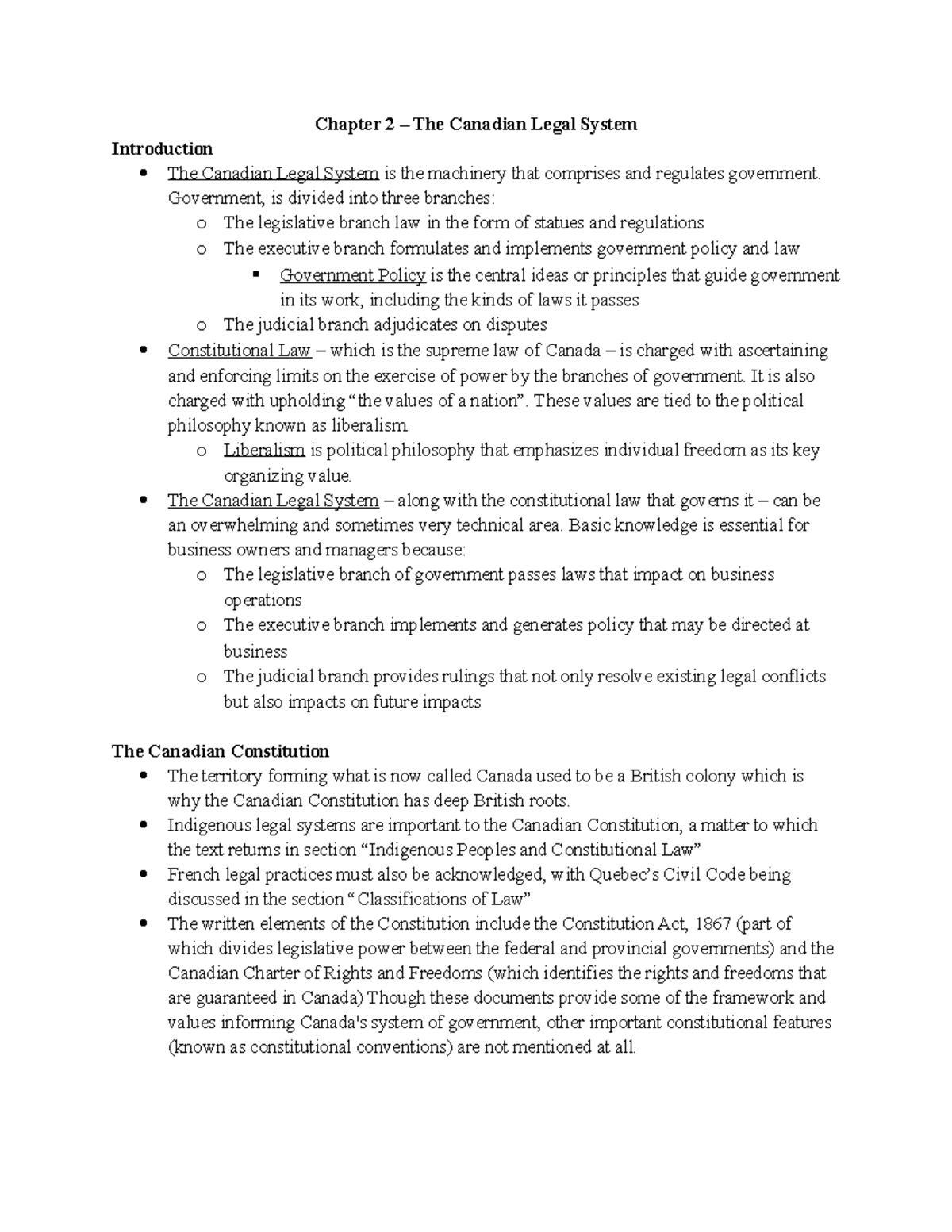 Chapter 2 - Lecture notes 2 - Chapter 2 – The Canadian Legal System ...