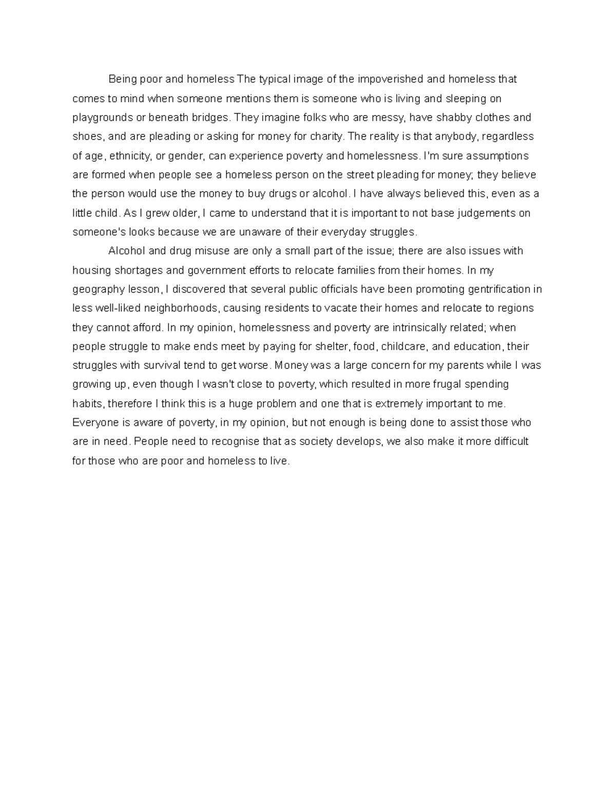 ENT 627 Week 1 Essay - Week 1 Assignment - Being poor and homeless The ...