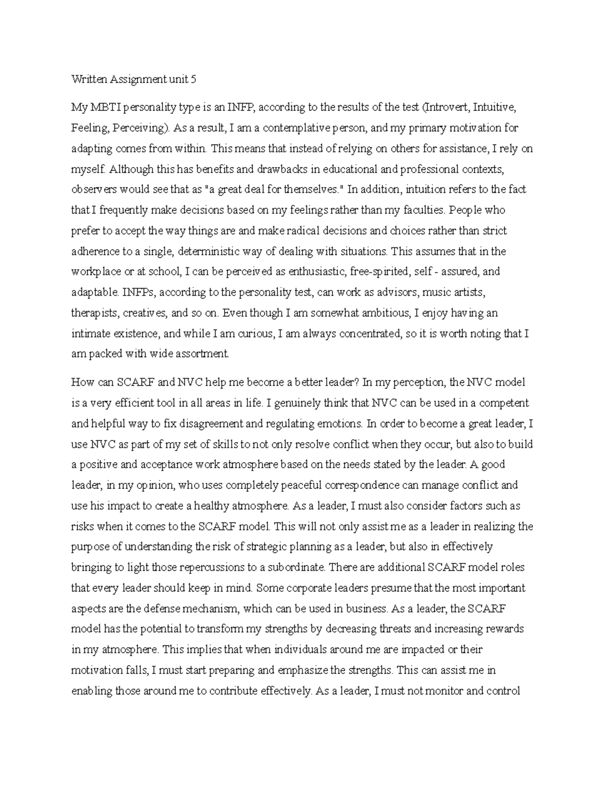 Written Assignment unit 5 - As a result, I am a contemplative person, and my primary motivation ...