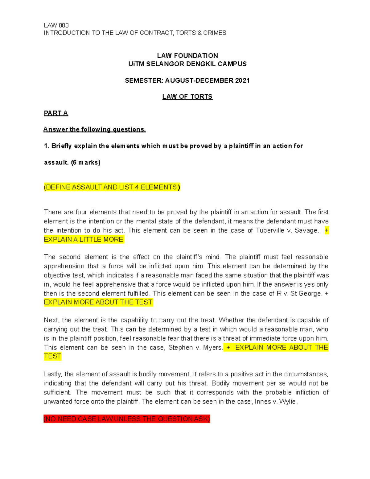 Tutorial 7 law083 the law of contract,torts and crimes - LAW 083 INTRODUCTION TO THE LAW OF ...