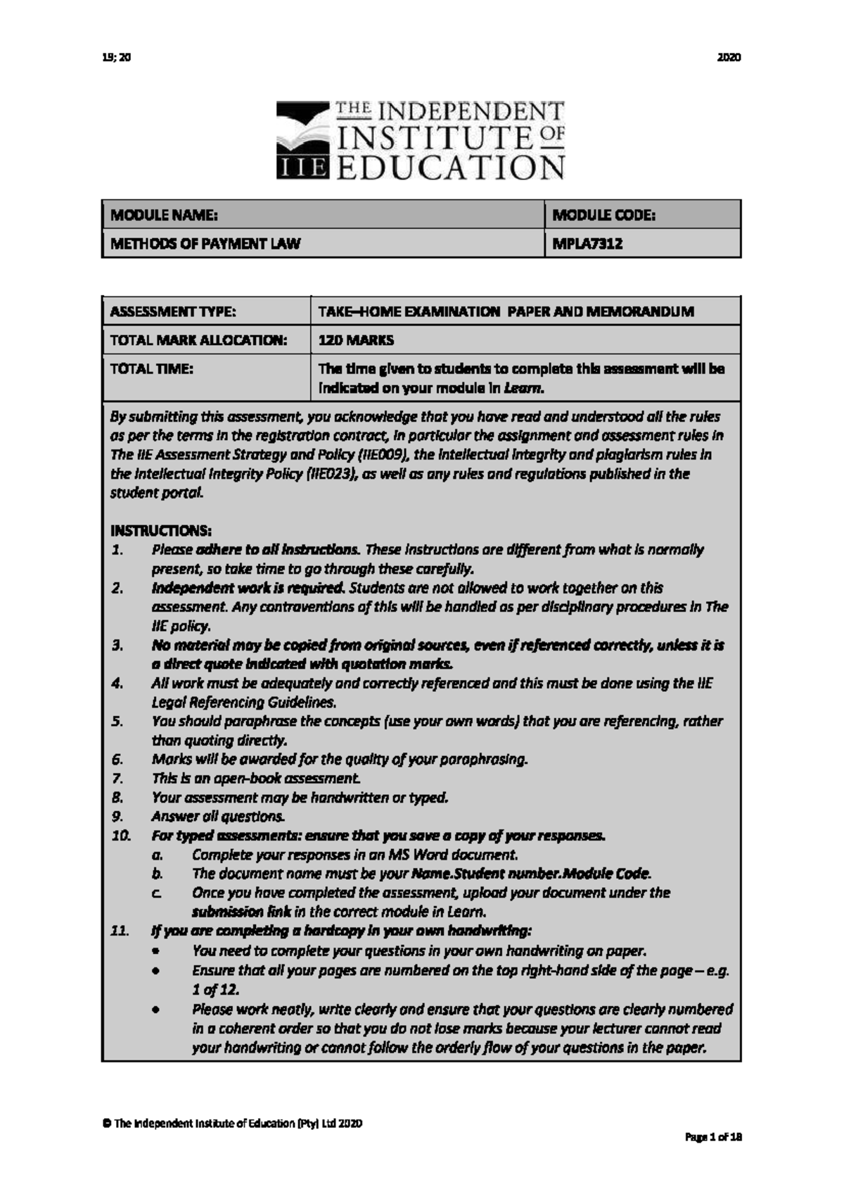 Mock Exam inpa - EXAM - 2020 THE INDEPENDENT INSTITUTE OF IIE EDUCATION ...