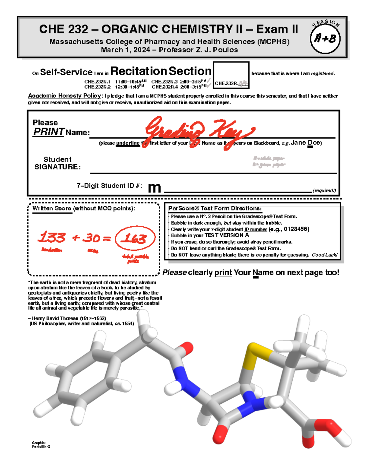 CHE 232 Exam IIAB - KEY 3 - lecture ntoes - ParScore® Test Form ...