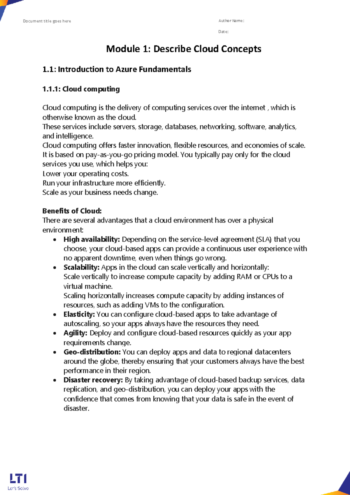 Azure Fundamentals- Reference Material - Date: Module 1: Describe Cloud ...