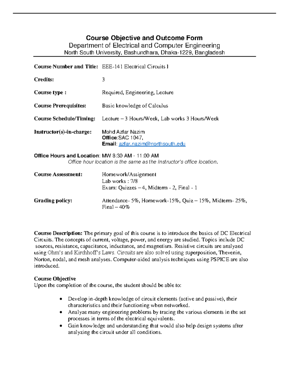 EEE141 Course Outline - Summary Fundamentals of Electric circuit ...