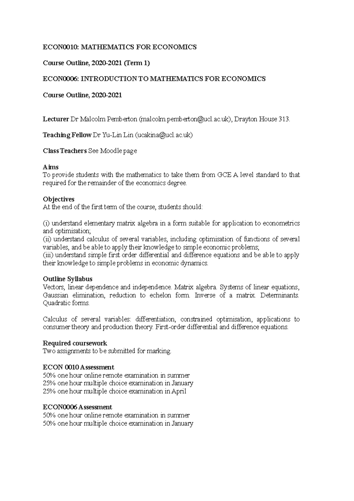 Outline Joint - easy - ECON0010: MATHEMATICS FOR ECONOMICS Course ...