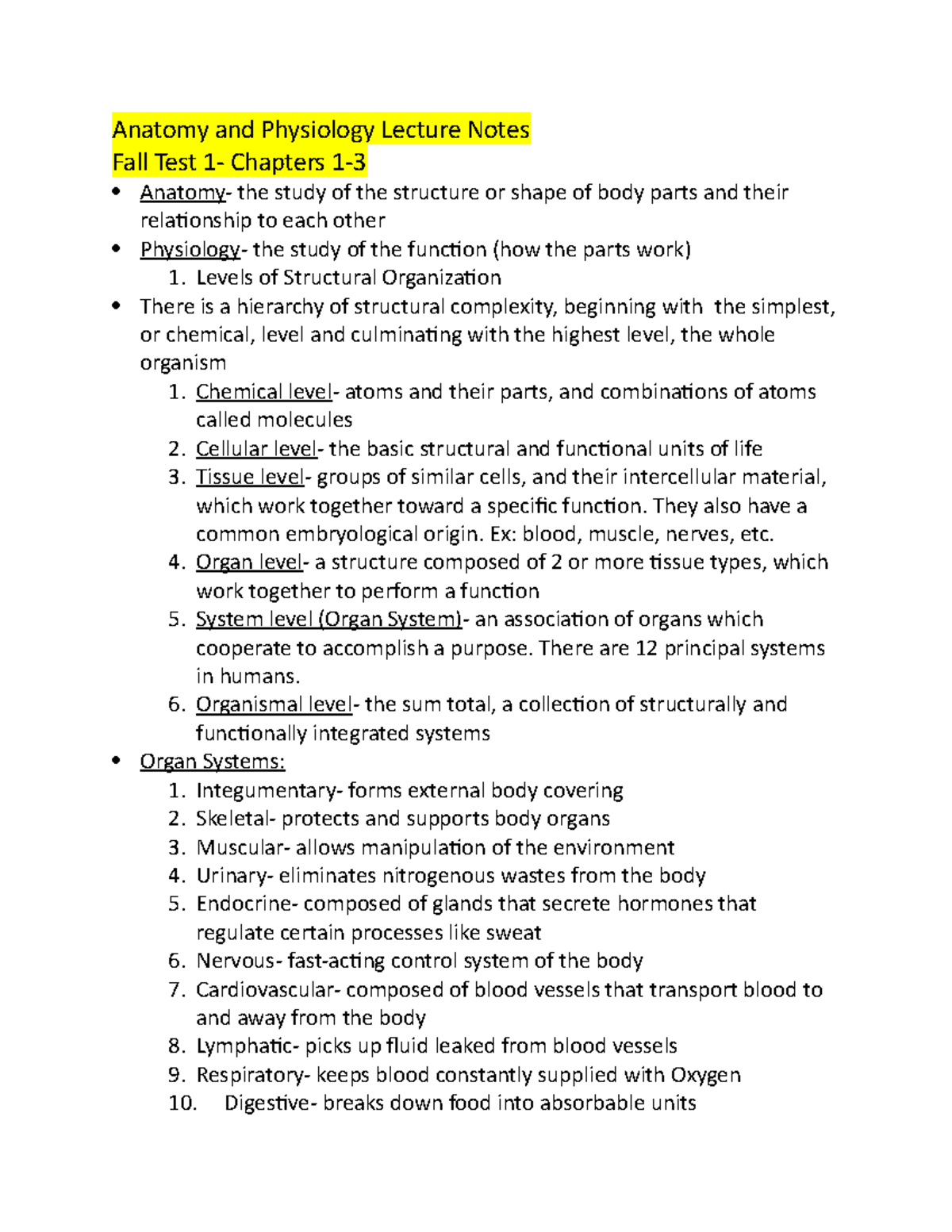 A&P Notes 1 - Anatomy and Physiology Lecture Notes Fall Test 1 ...