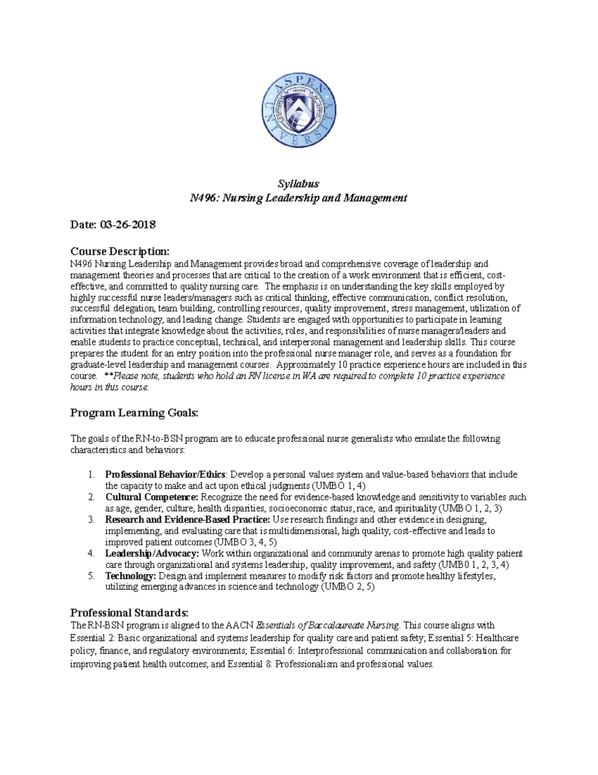 N496 - Syllabus - Course - Syllabus N496: Nursing Leadership and ...