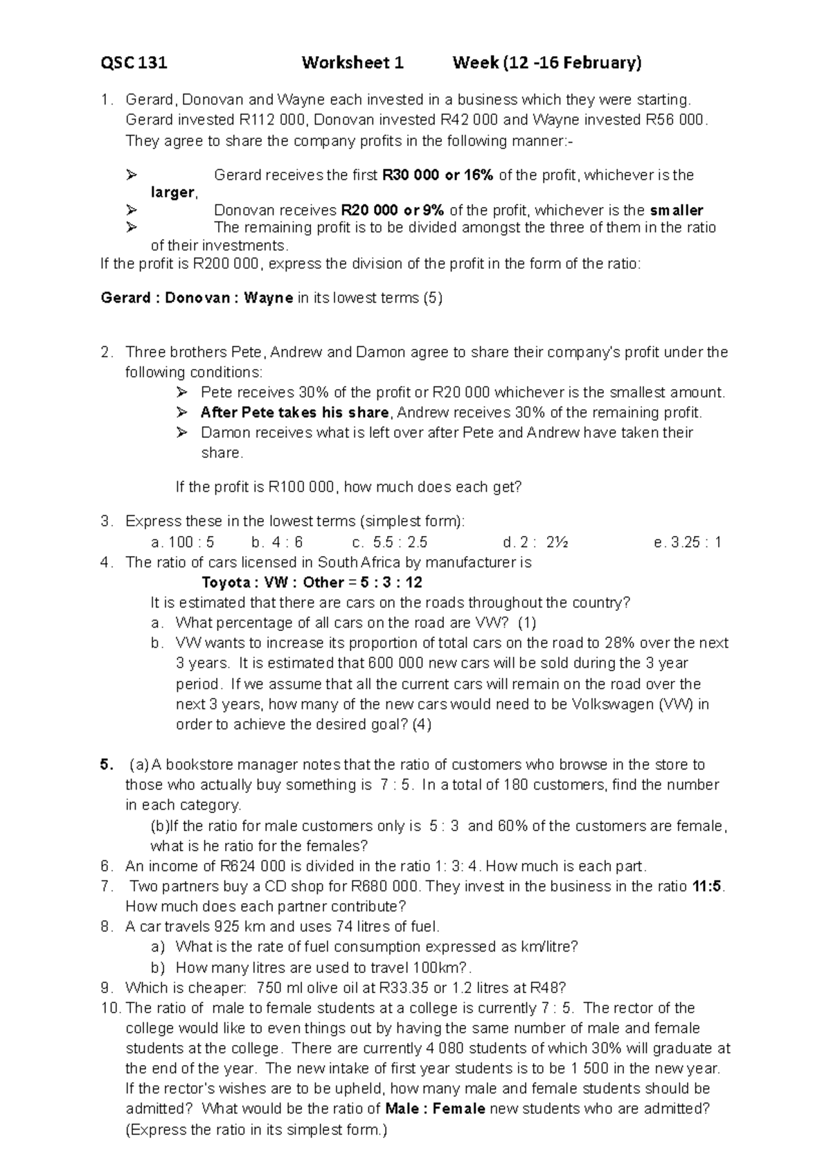 Worksheet 1 - Practice questions - QSC 131 Worksheet 1 Week (12 -16 ...