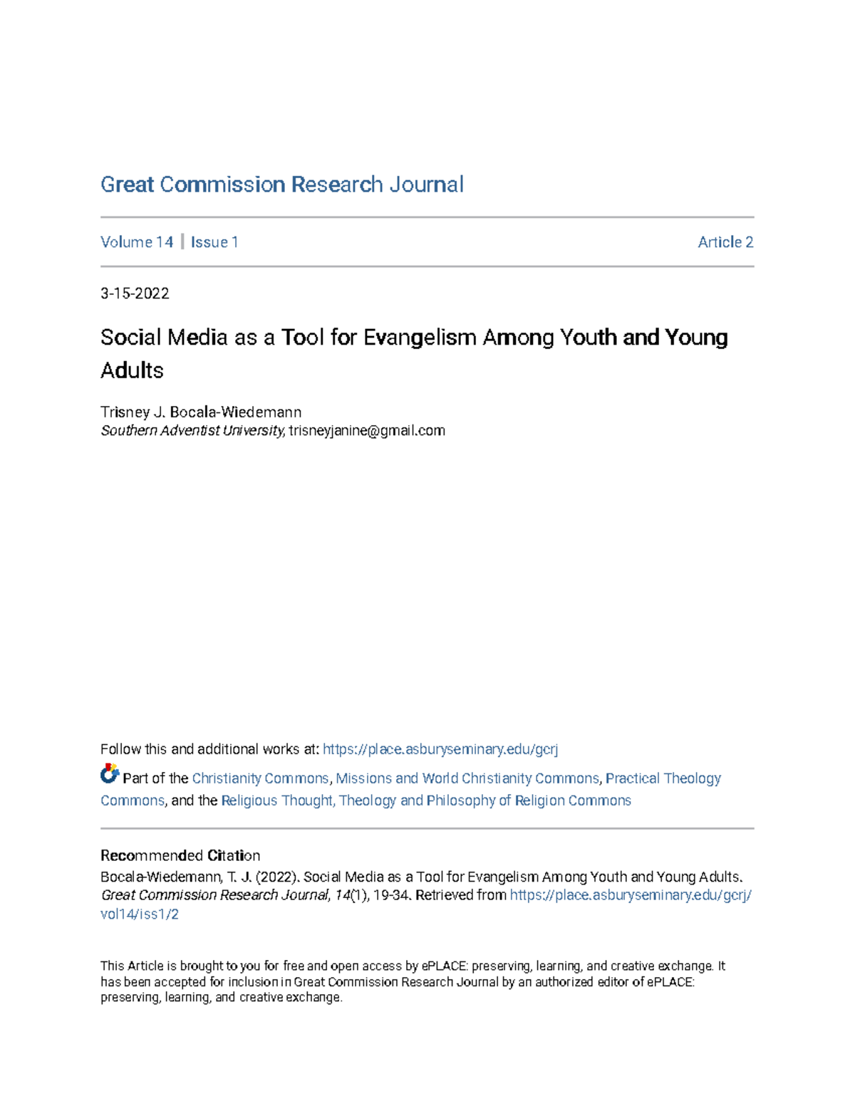 Social Media as a Tool for Evangelism Among Youth and Young Adult ...