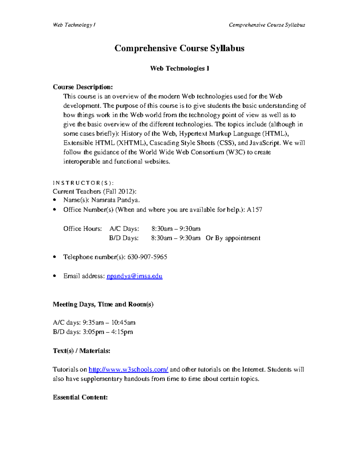 Web Technologies I - Comprehensive Course Syllabus Web Technologies I ...